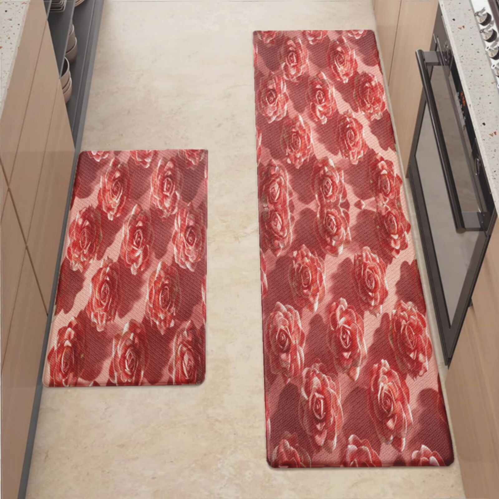 Anti Fatigue Kitchen Mat, Valentine Roses Bloom Pink Sets of 2 Kitchen ...