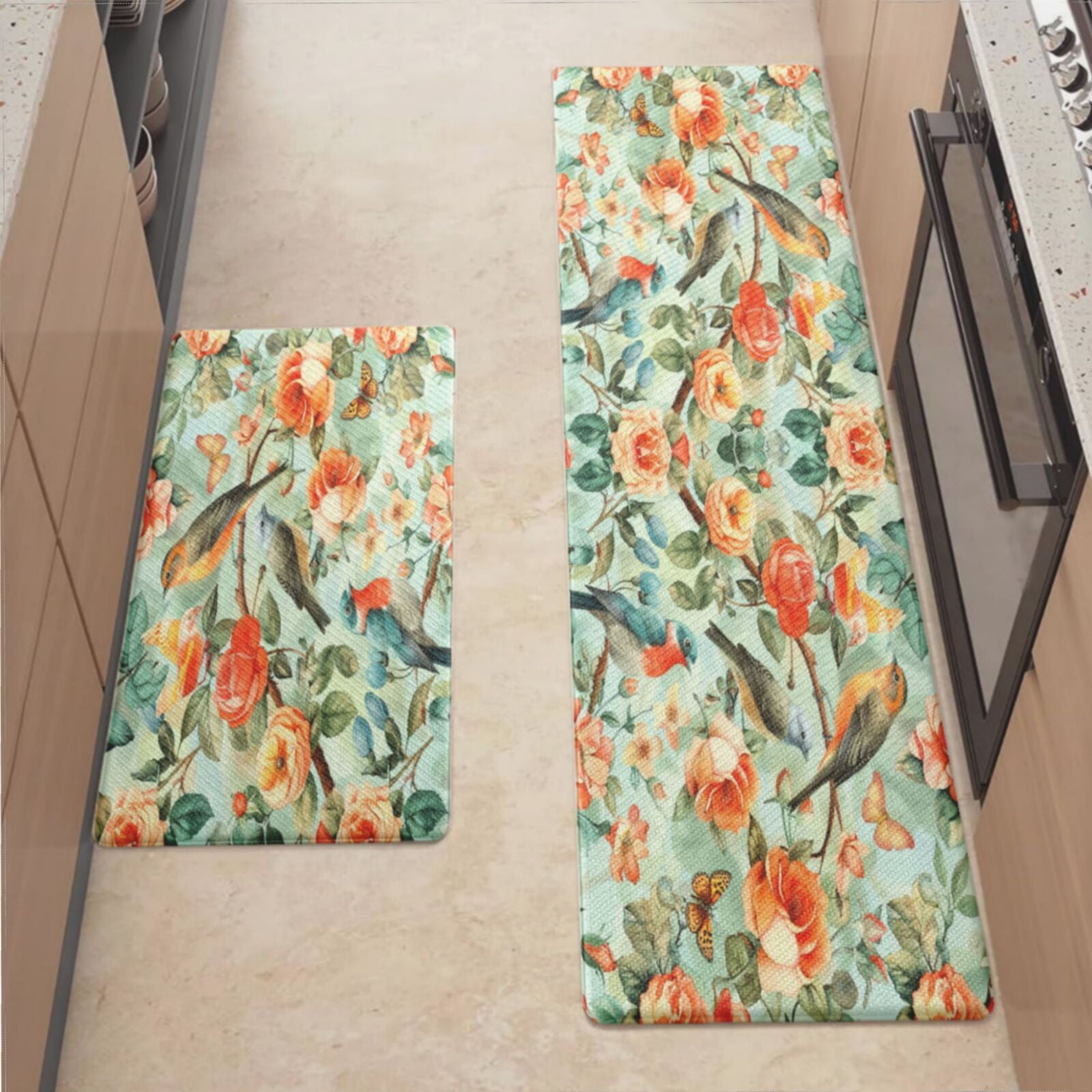 Anti Fatigue Kitchen Mat, Vintage Floral Birds Kitchen Rugs Non Slip ...