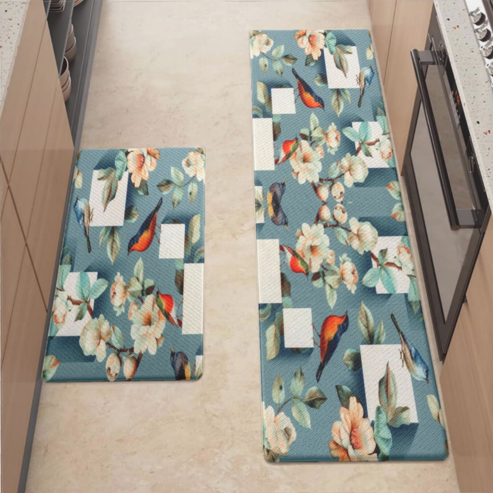 Anti Fatigue Kitchen Mat, Vintage Flowers Birds Kitchen Rugs Non Slip ...