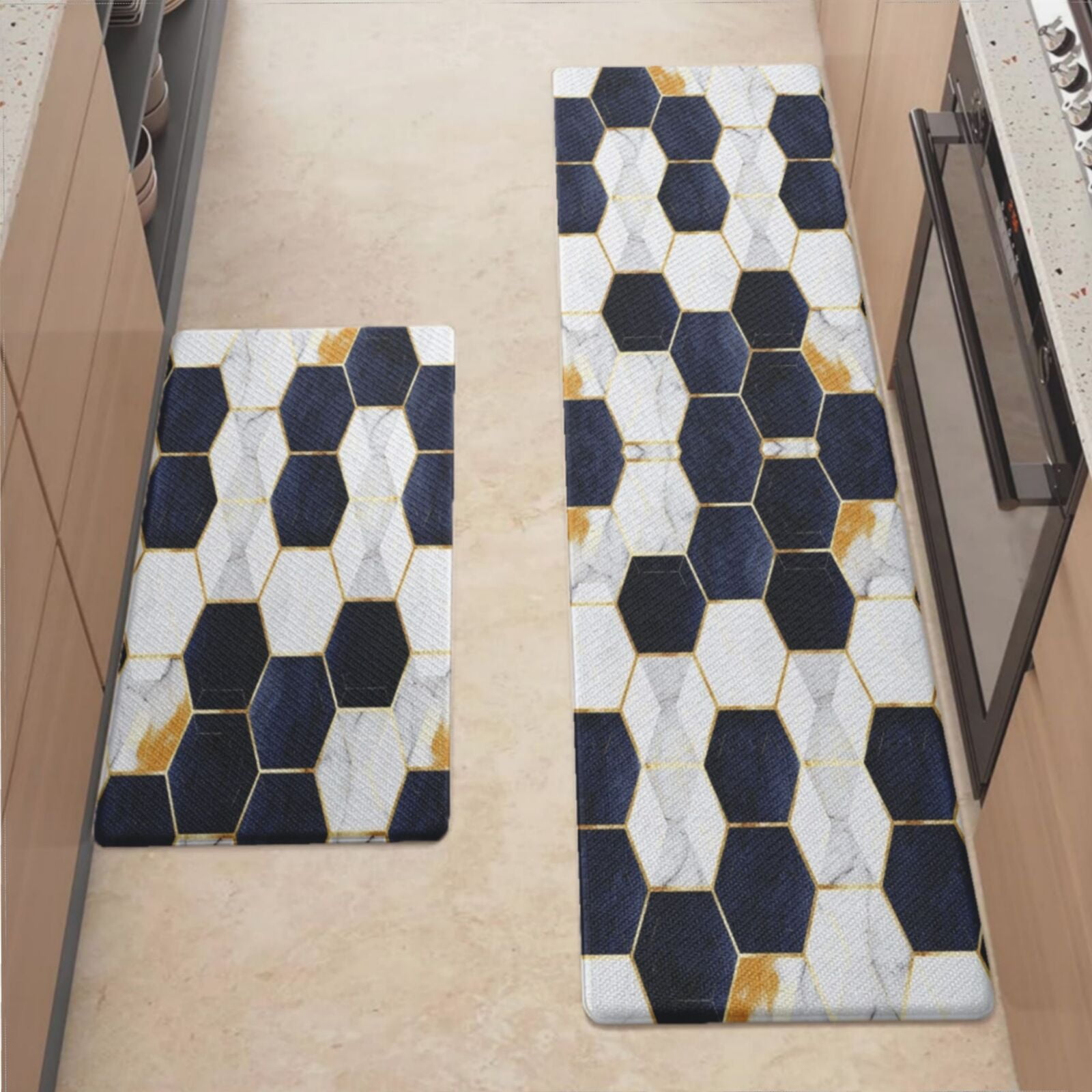 Anti Fatigue Kitchen Mat, White Navy Hexagons Kitchen Rugs Non Slip ...