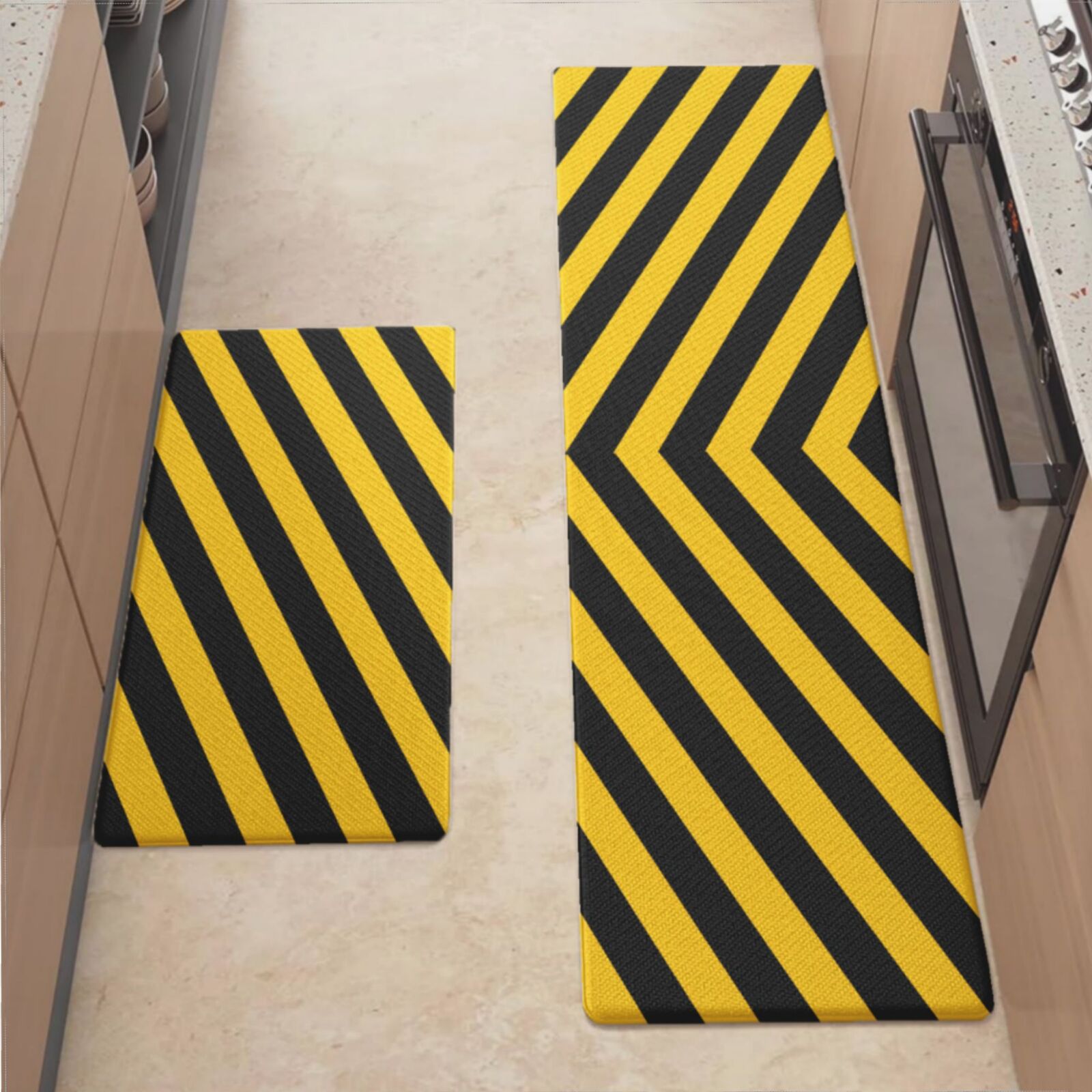 Anti Fatigue Kitchen Mat, Yellow Black Strip Sets of 2 Kitchen Rugs Non ...