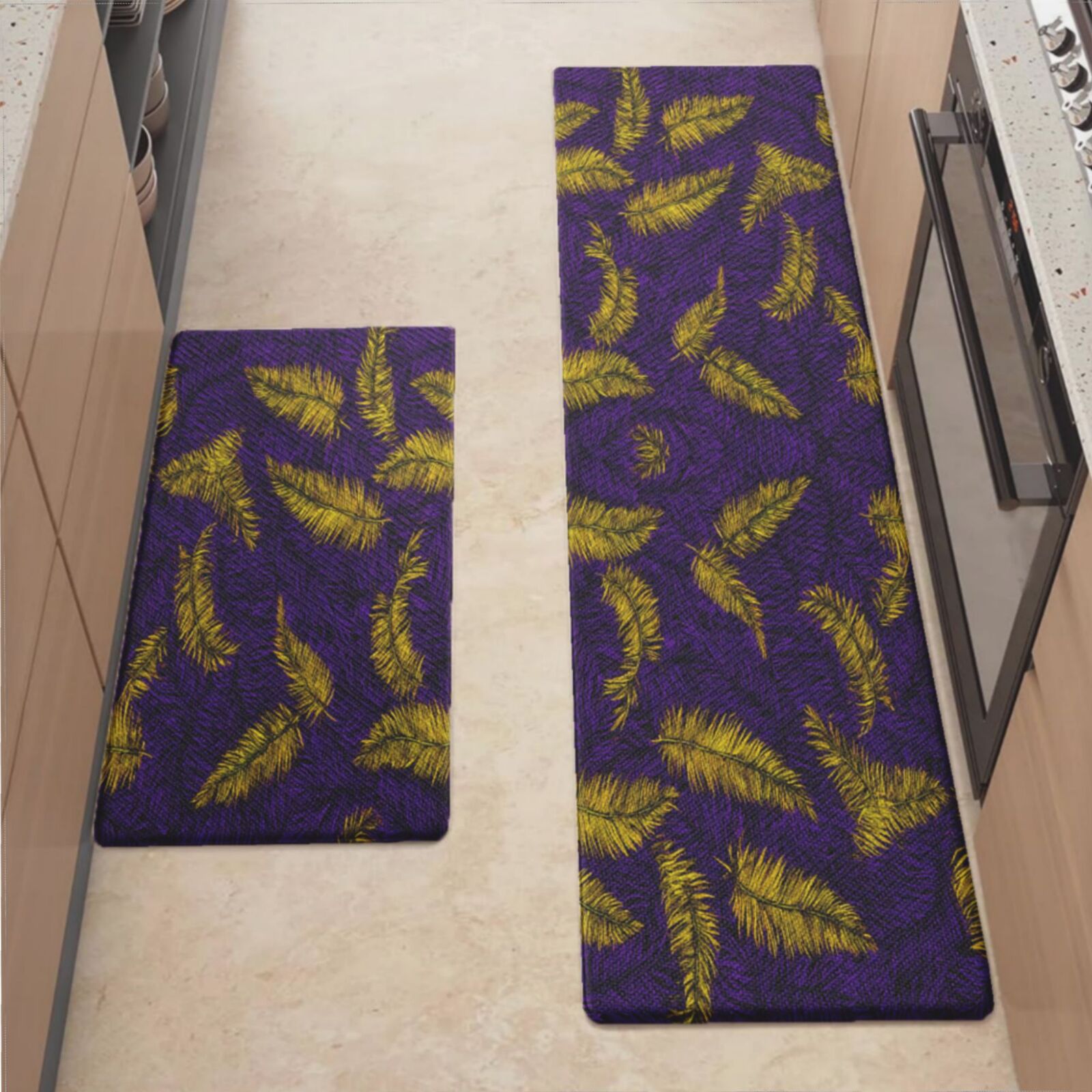 Anti Fatigue Kitchen Mat, Yellow Feathers Sets of 2 Kitchen Rugs Non ...