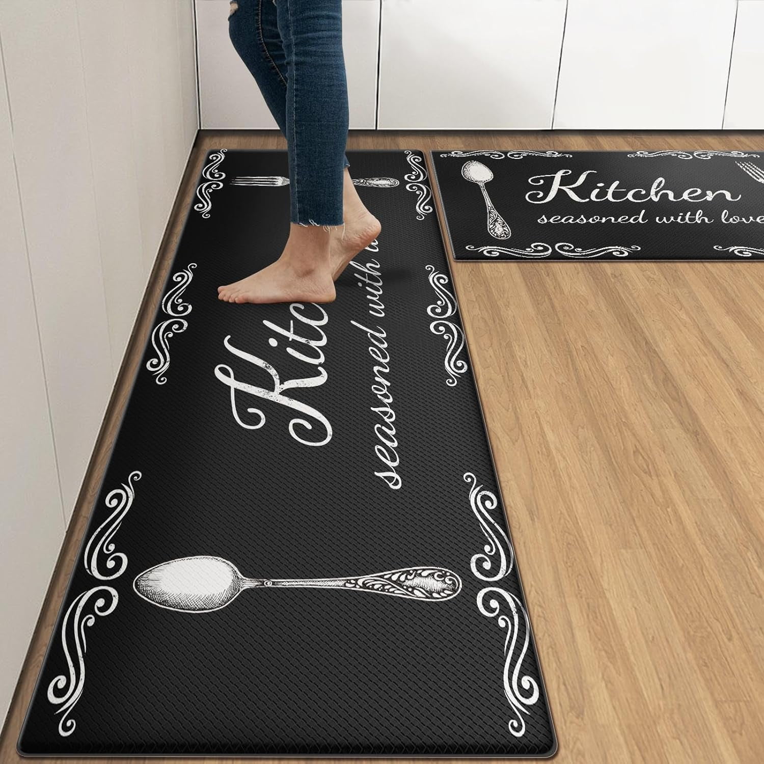 Anti-Fatigue Kitchen Rug Set of 2 Black Farmhouse Rustic Cushioned ...