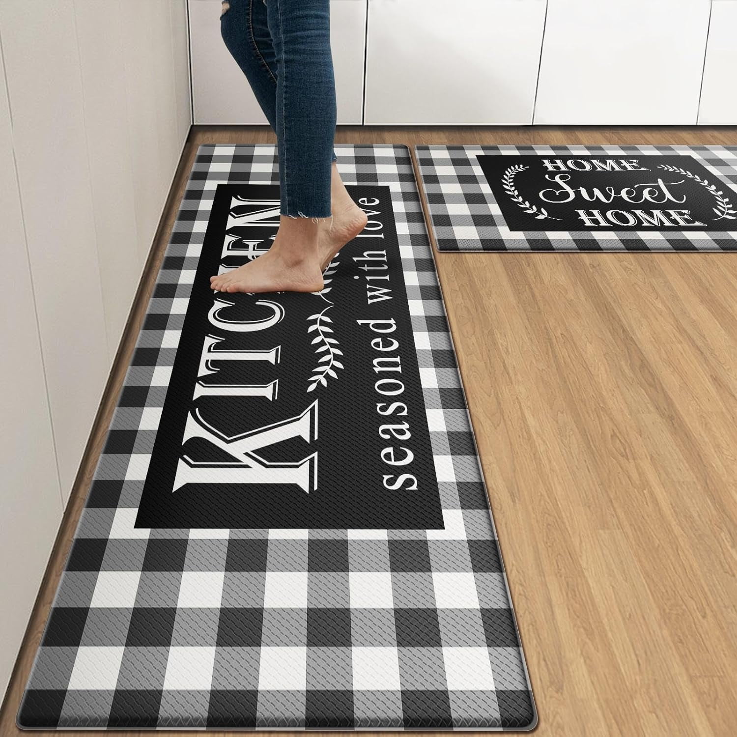 Anti-Fatigue Kitchen Rug Set of 2 Black White Buffalo Plaid Cushioned ...