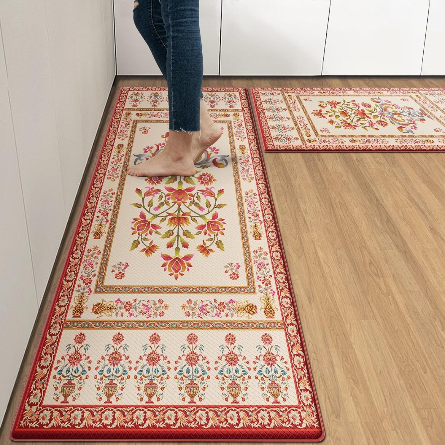 Anti-Fatigue Kitchen Rug Set of 2 Boho Vintage Floral Red Cushioned ...