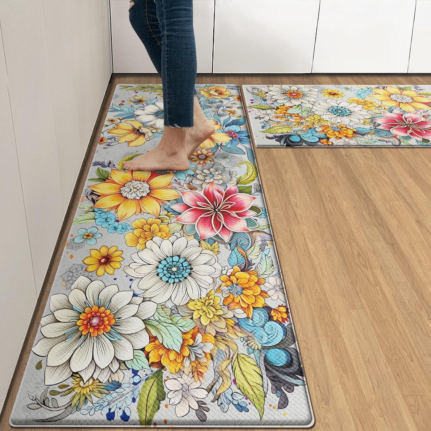 Anti-Fatigue Kitchen Rug Set of 2 Colorful Boho Floral Mandala ...