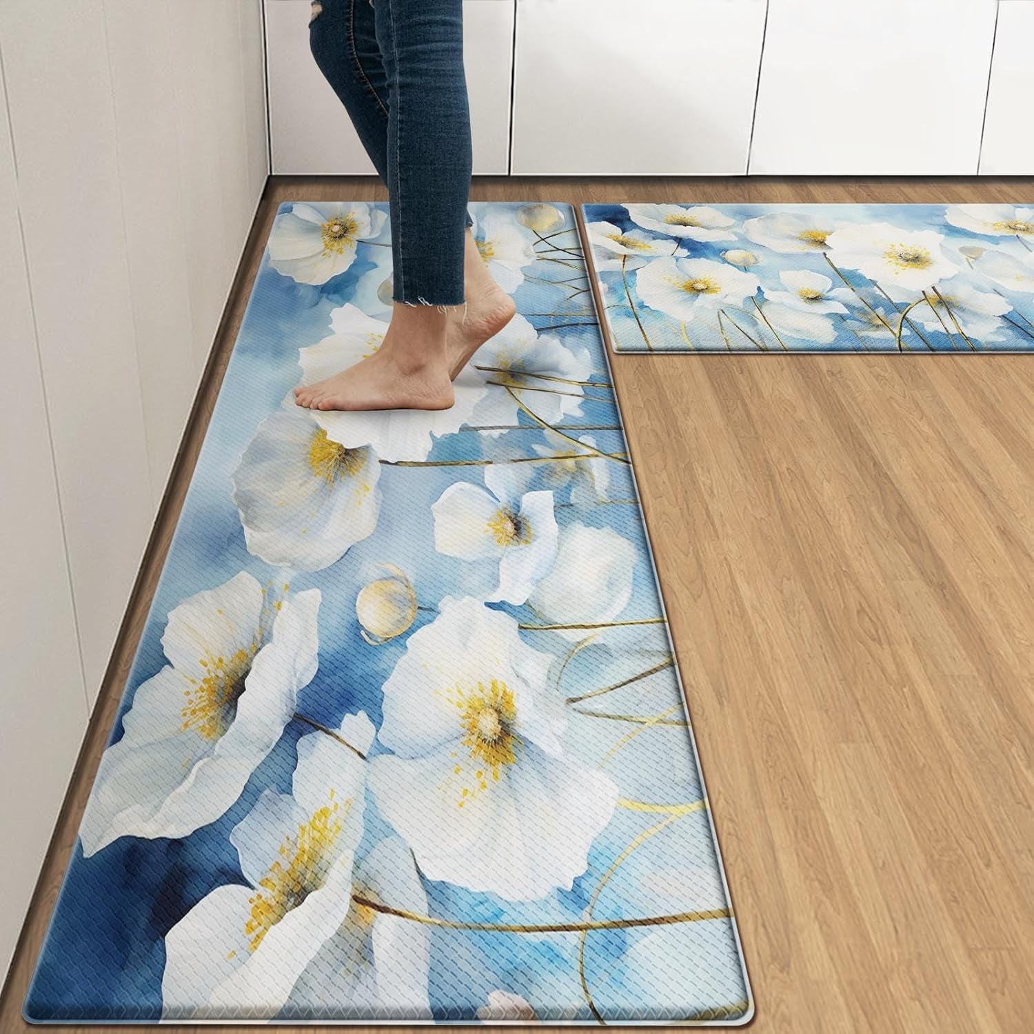 Anti-Fatigue Kitchen Rug Set of 2 Golden Blue Painting Flower Cushioned ...