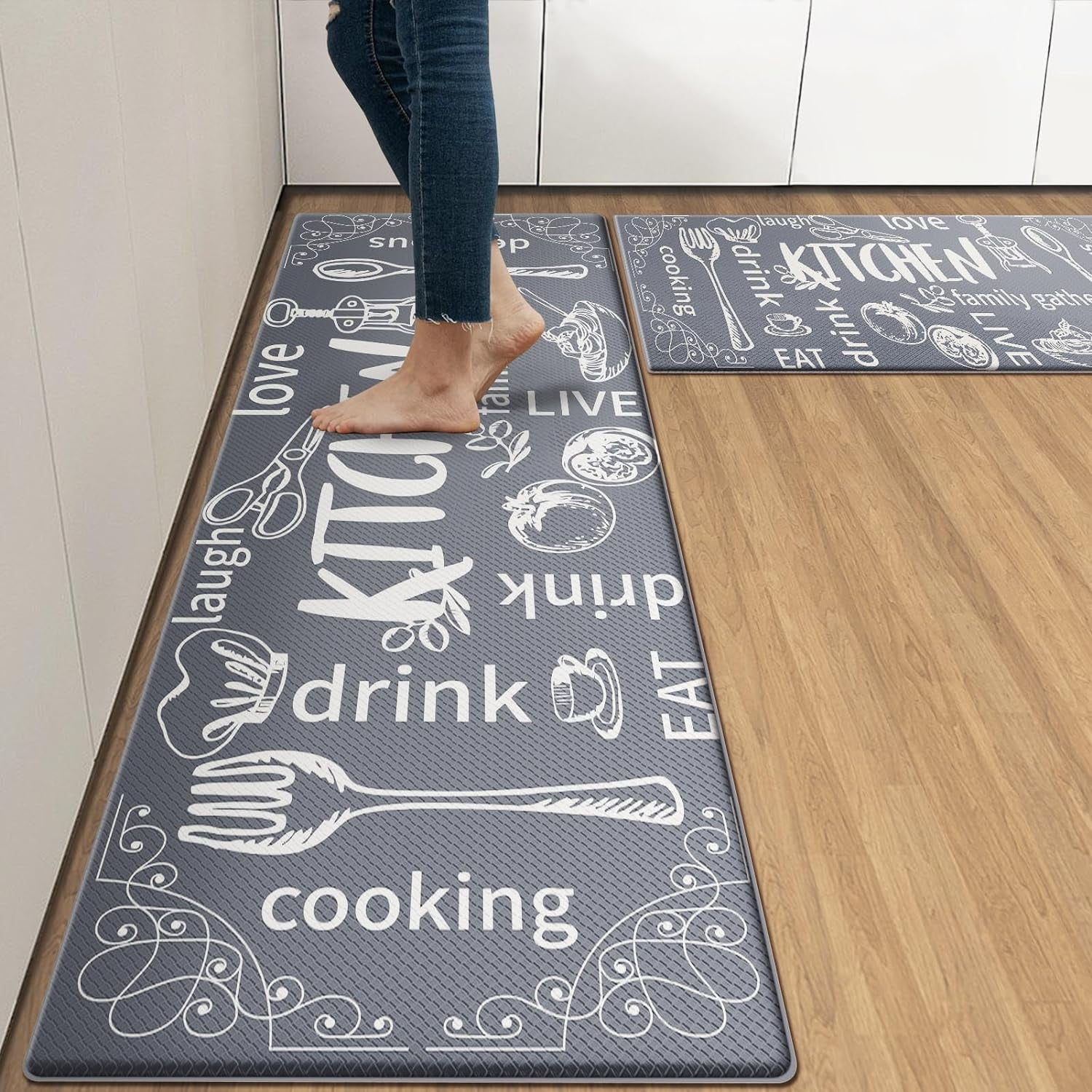 Anti-Fatigue Kitchen Rug Set of 2 Grey Cooking Knife and Fork Cushioned ...