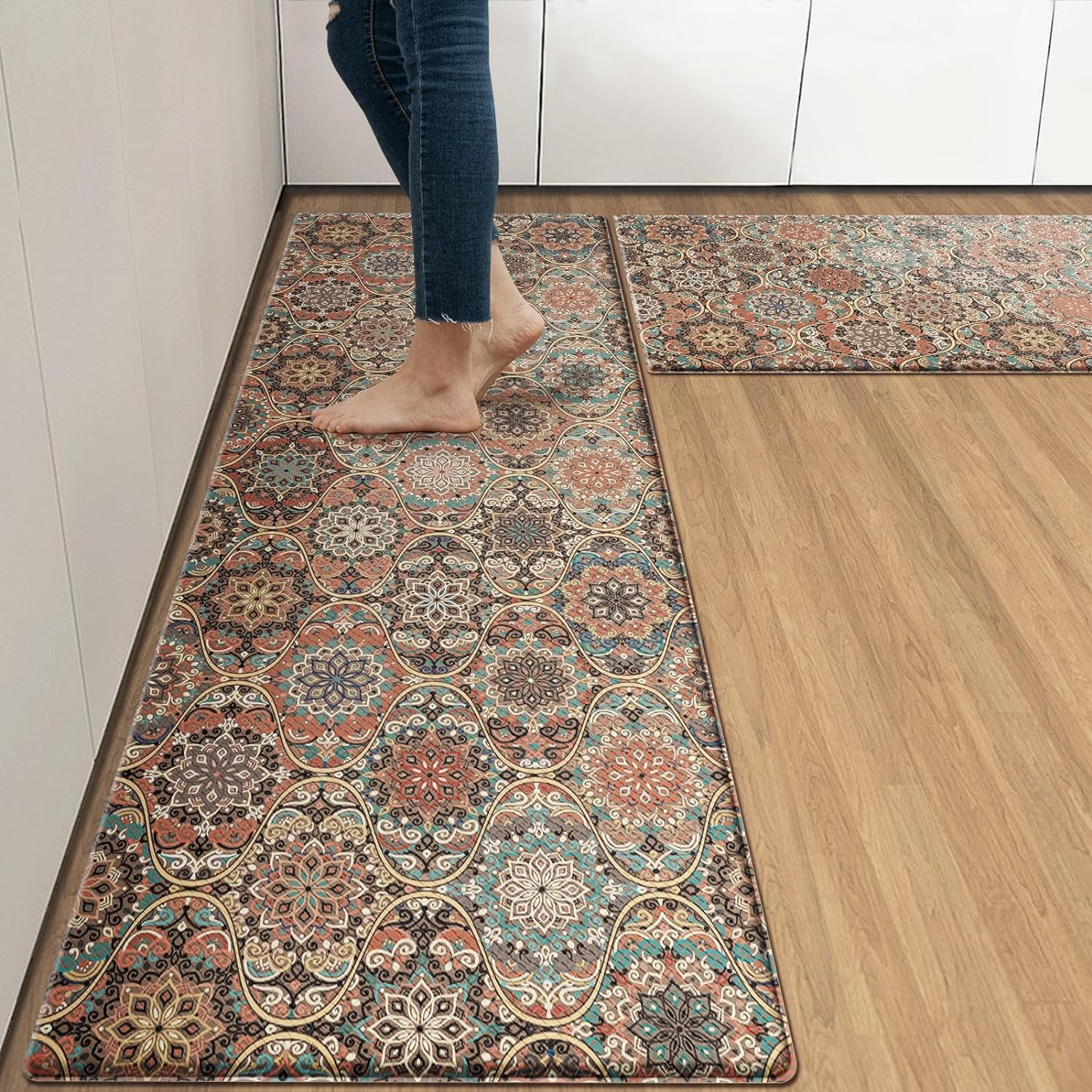 Anti-Fatigue Kitchen Rug Set of 2 Mandala Boho Floral Brown Cushioned ...