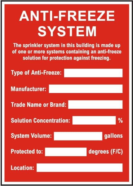 Anti-Freeze System Sign Fire/Exit Emergency Sprinkler Signs Metal Tin ...
