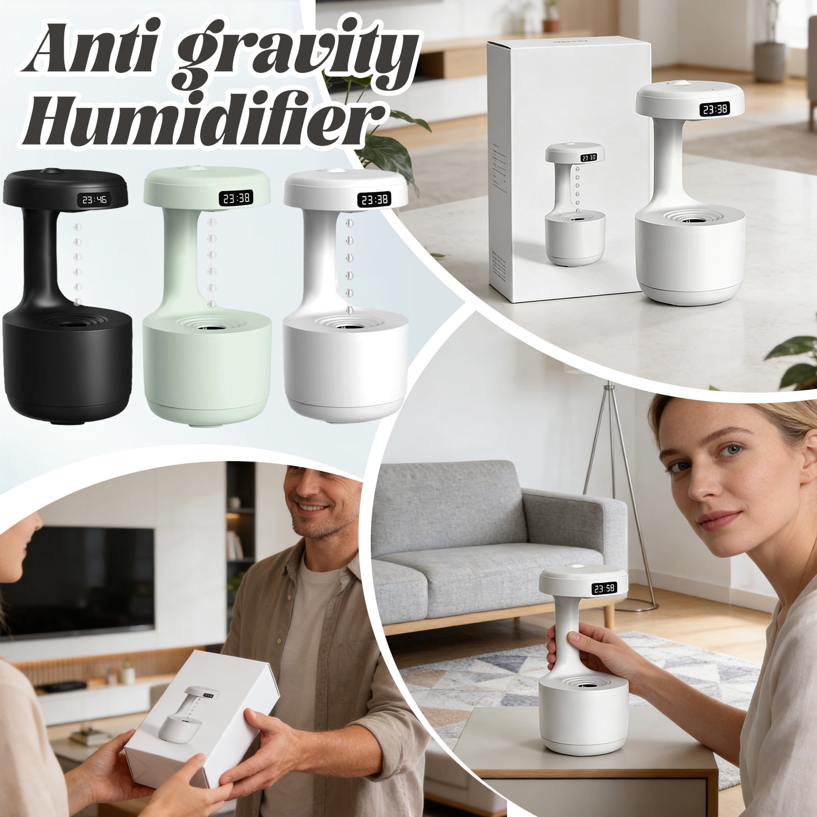 Anti-Gravity Air Humidifier with LED Clock Display, Creative Water Drop ...