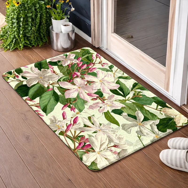 Anti-Slip Rubber Backed Flannel Mat, Fresh Jasmine Pattern, Durable ...