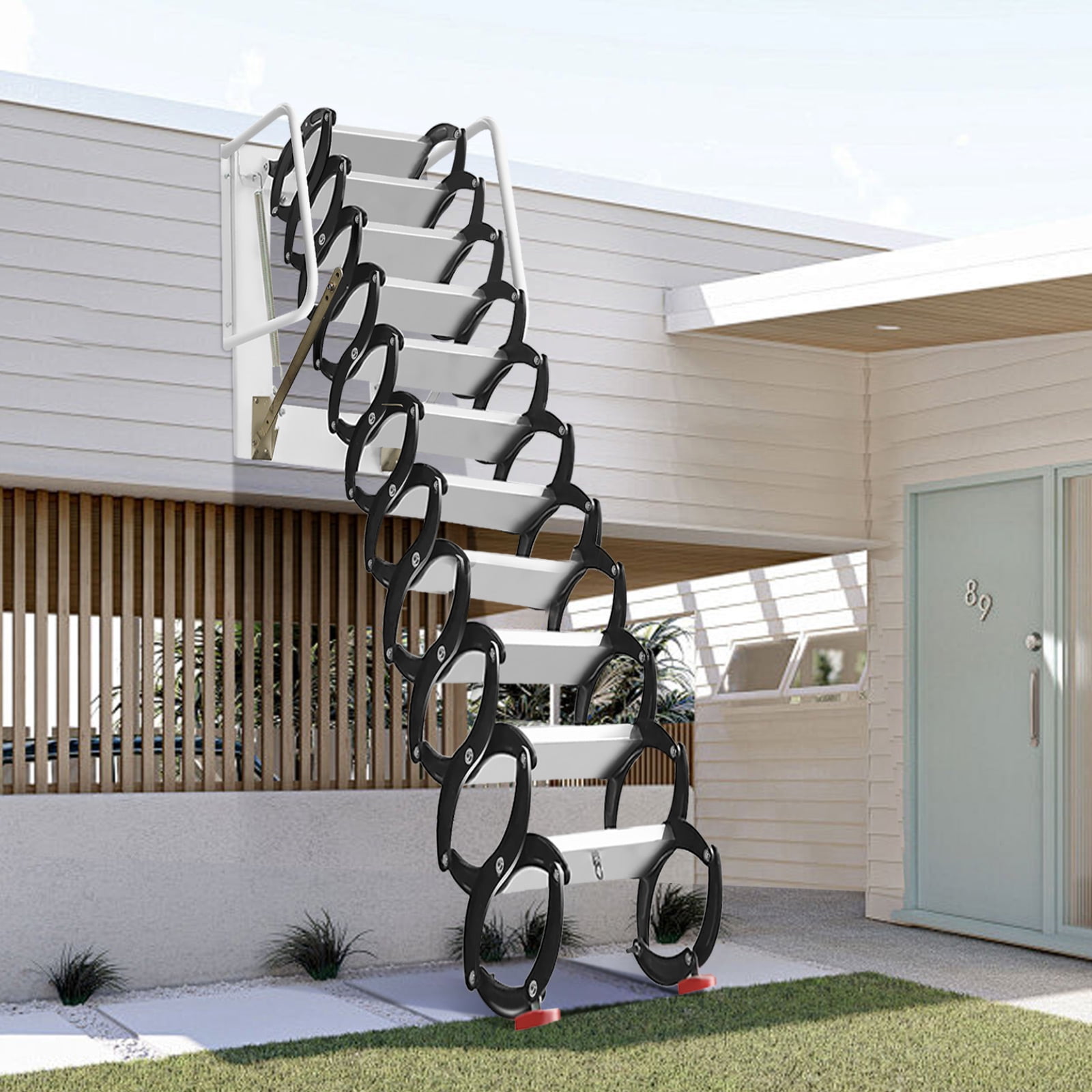 Anti-Slip Telescoping Attic Ladder (12 Steps, Wall-Mounted, Handrails ...