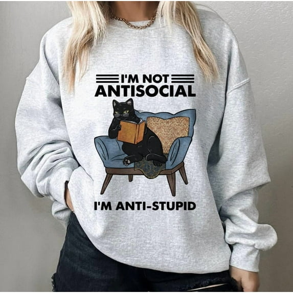 Anti Social Cat Meme Graphic Crewneck Sweatshirt Dark Academia Library ...