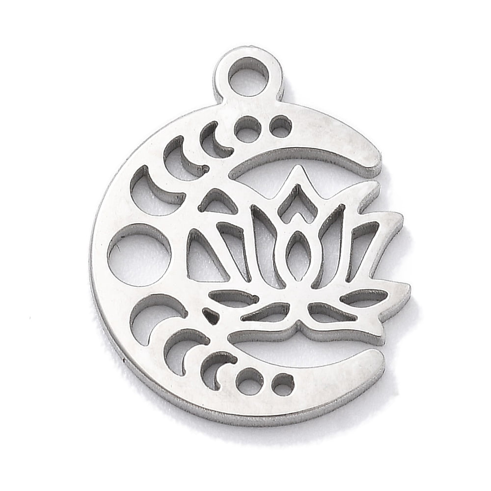 Anti-Tarnish 304 Stainless Steel Pendants Laser Cut Moon Phase Charm Stainless Steel Color Lotus ...