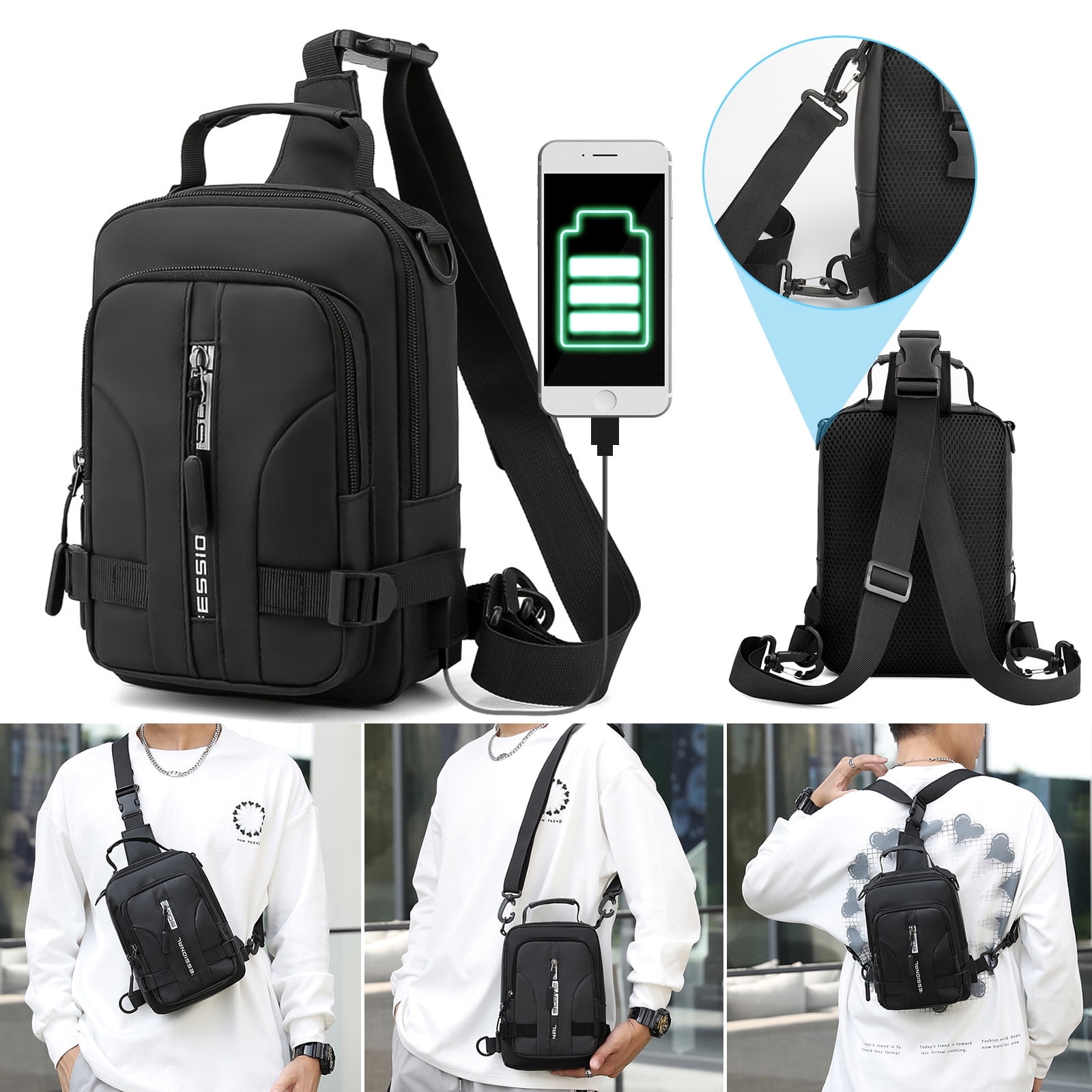 Anti-Theft Men's Sling Bag, Crossbody Shoulder Backpack with USB ...