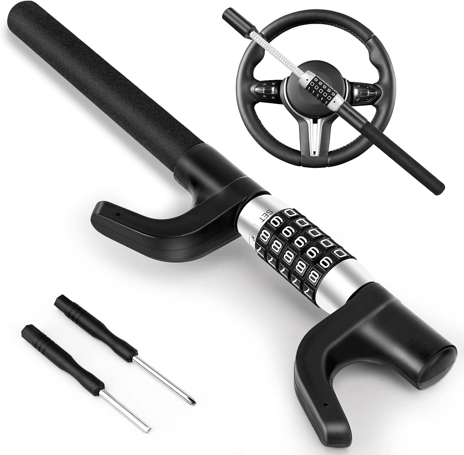 Anti-Theft Steering Wheel Lock, Universal Car Lock with Keyless 5-Digit ...