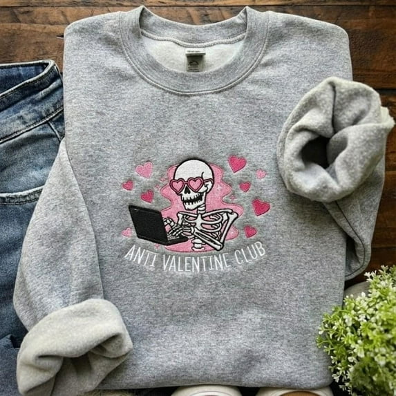 Anti Valentines Day Hoodie, Cute Skeleton Embroidery, Funny Galentine ...