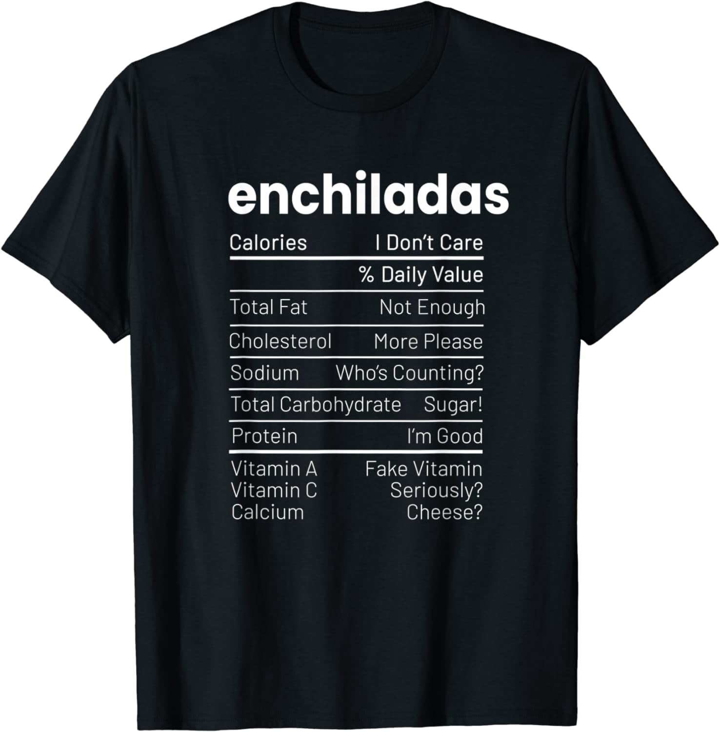 Anti Vegan Enchiladas Carnivore Nutrition Facts Label Funny T-Shirt ...