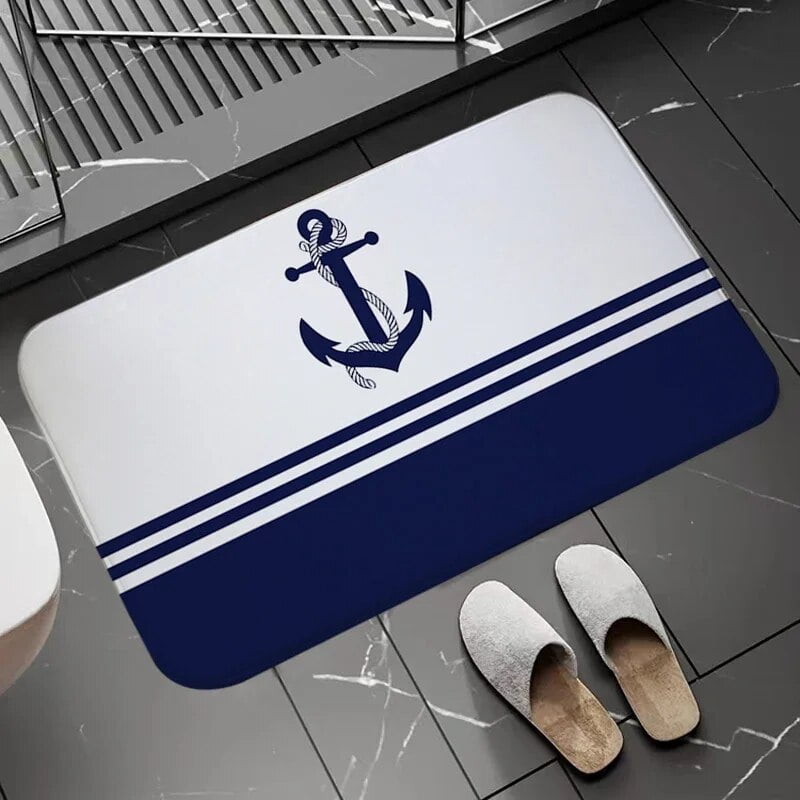 Anti-slip Doormat Chic Nautical Anchor Boat Navy Blue Stripes Entrance ...