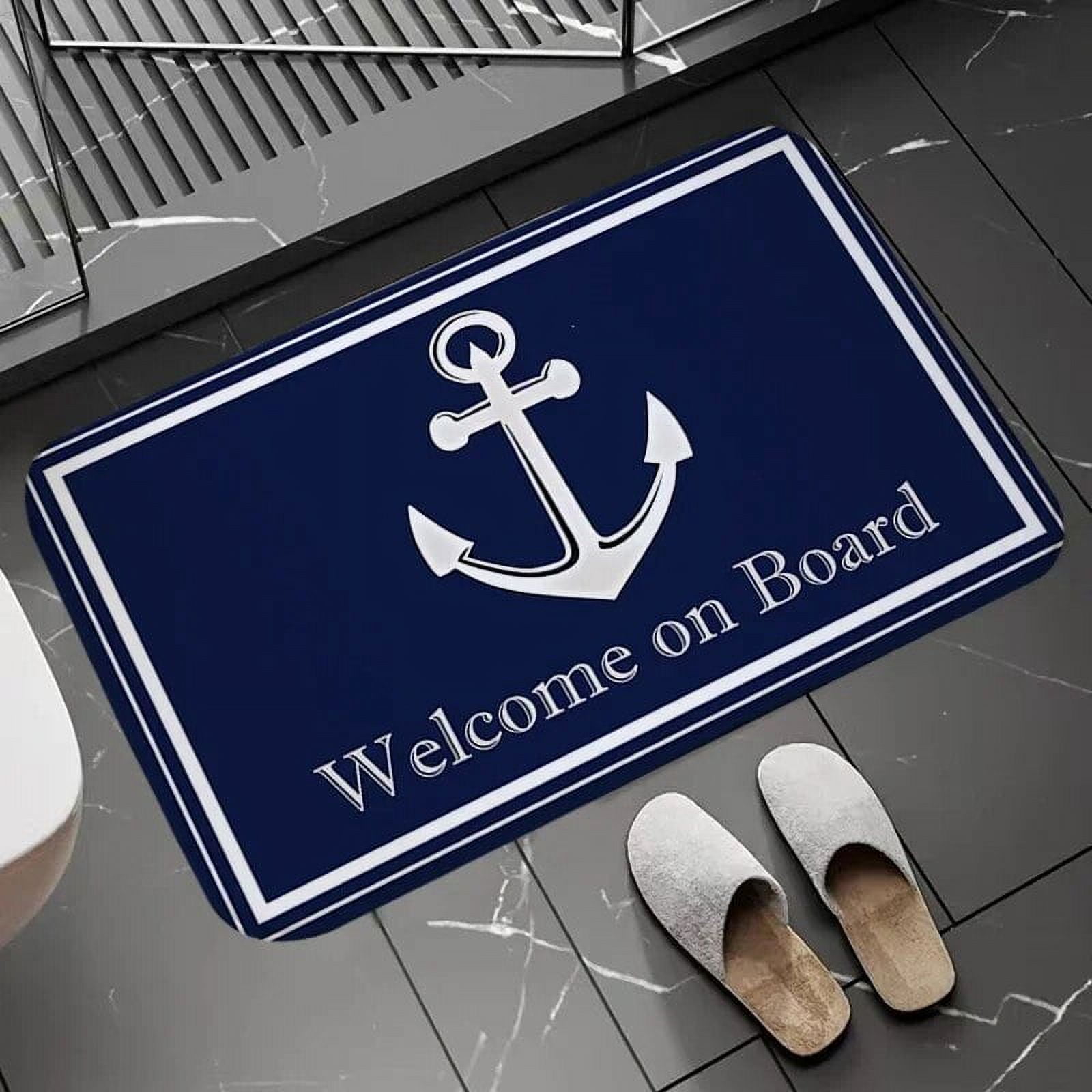 Anti-slip Doormat Chic Nautical Anchor Boat Navy Blue Stripes Entrance ...