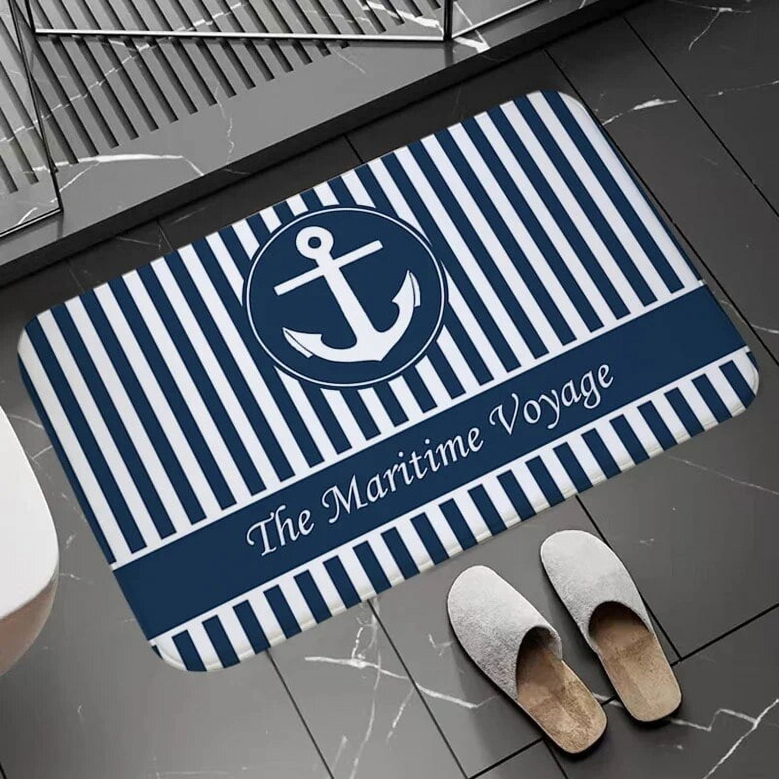 Anti-slip Doormat Chic Nautical Anchor Boat Navy Blue Stripes Entrance ...