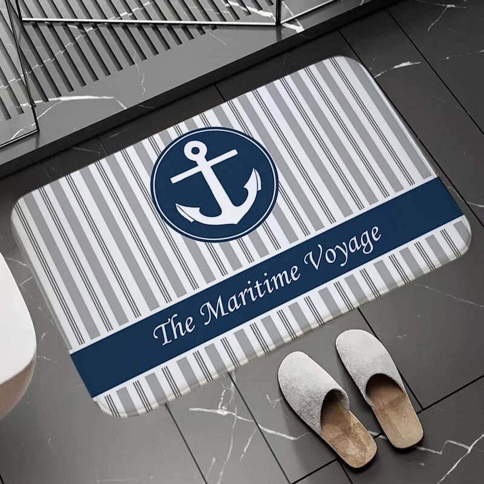 Anti-slip Doormat Chic Nautical Anchor Boat Navy Blue Stripes Entrance ...