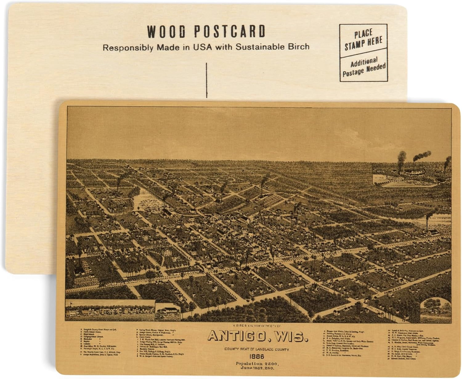 Antigo, Wisconsin, Panoramic Map (4x6 Birch Wood Postcards, 2-Pack ...