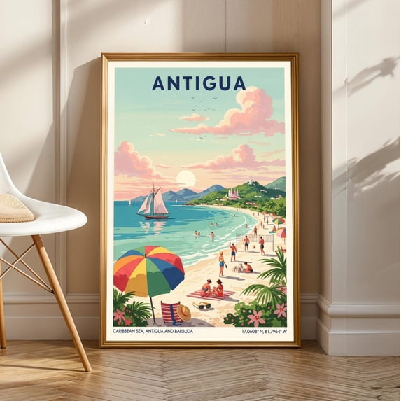 Antigua Beach Scene Art Print: Vintage Caribbean Travel Poster ...