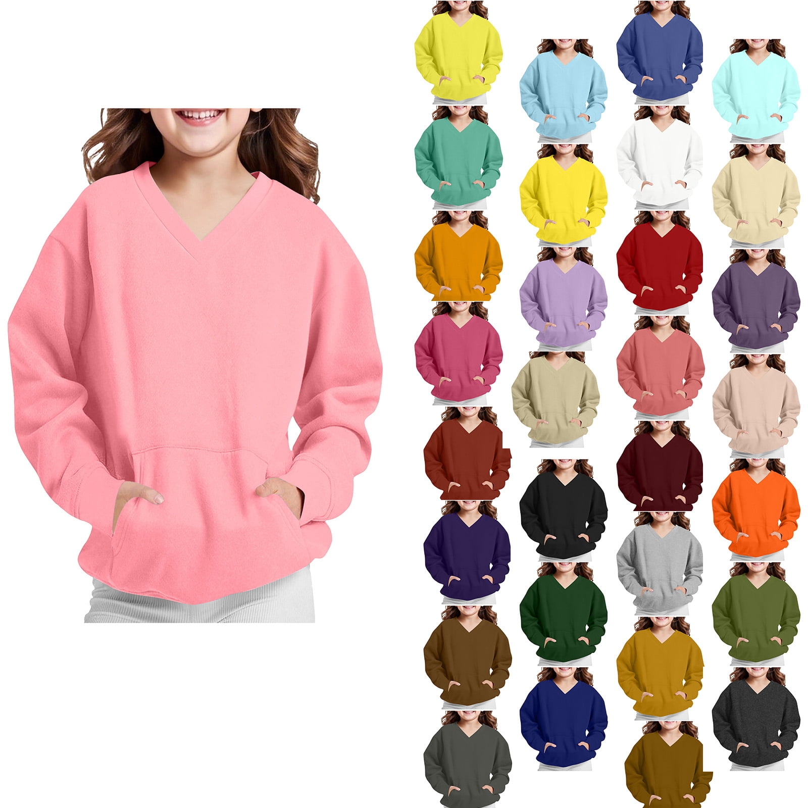 Antinious Boys Girls Solid V-Neck Hoodless Versatile Pocket Long Sleeve ...