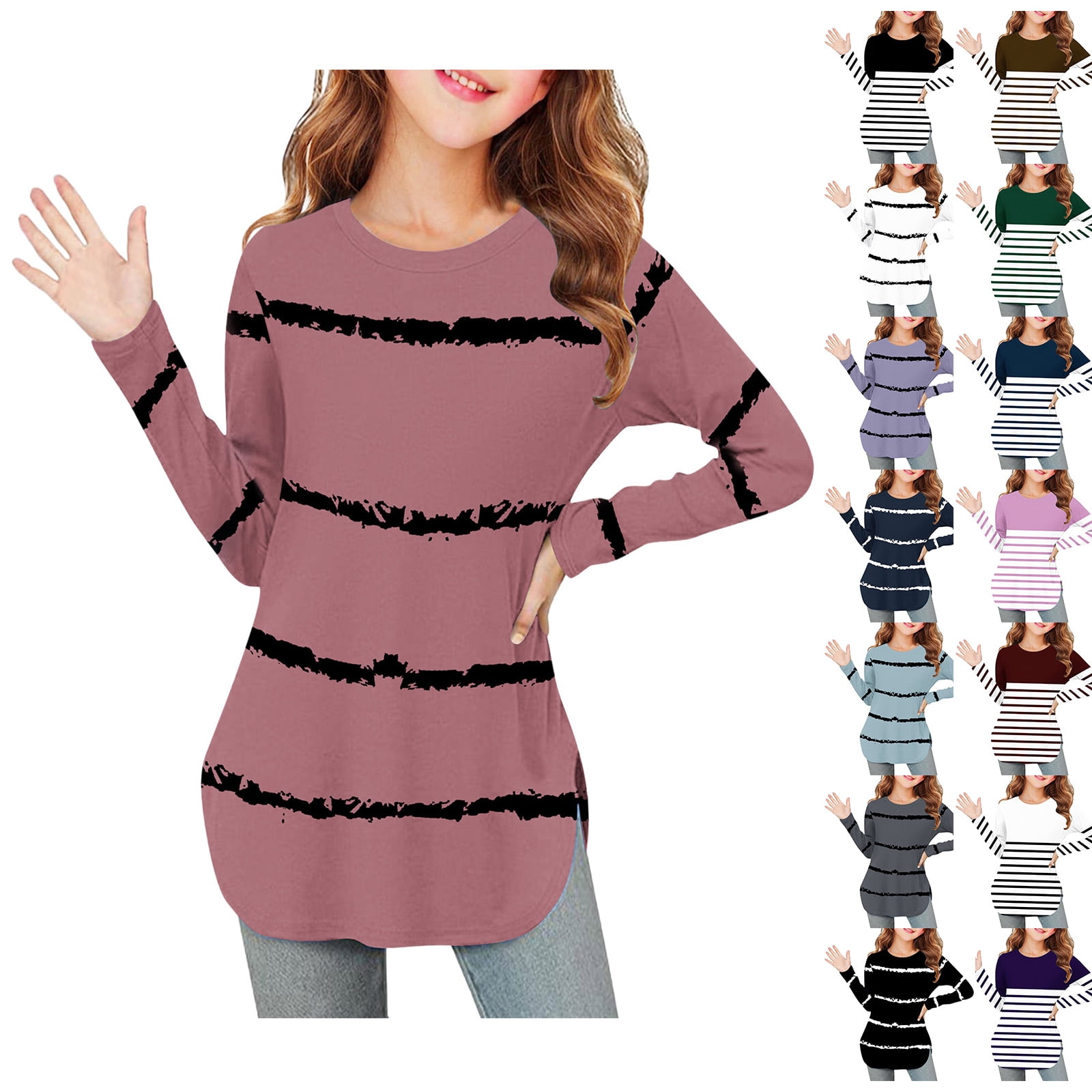 Antinious Child Girls Stripe Print Long Sleeve Round Neck Side Split ...