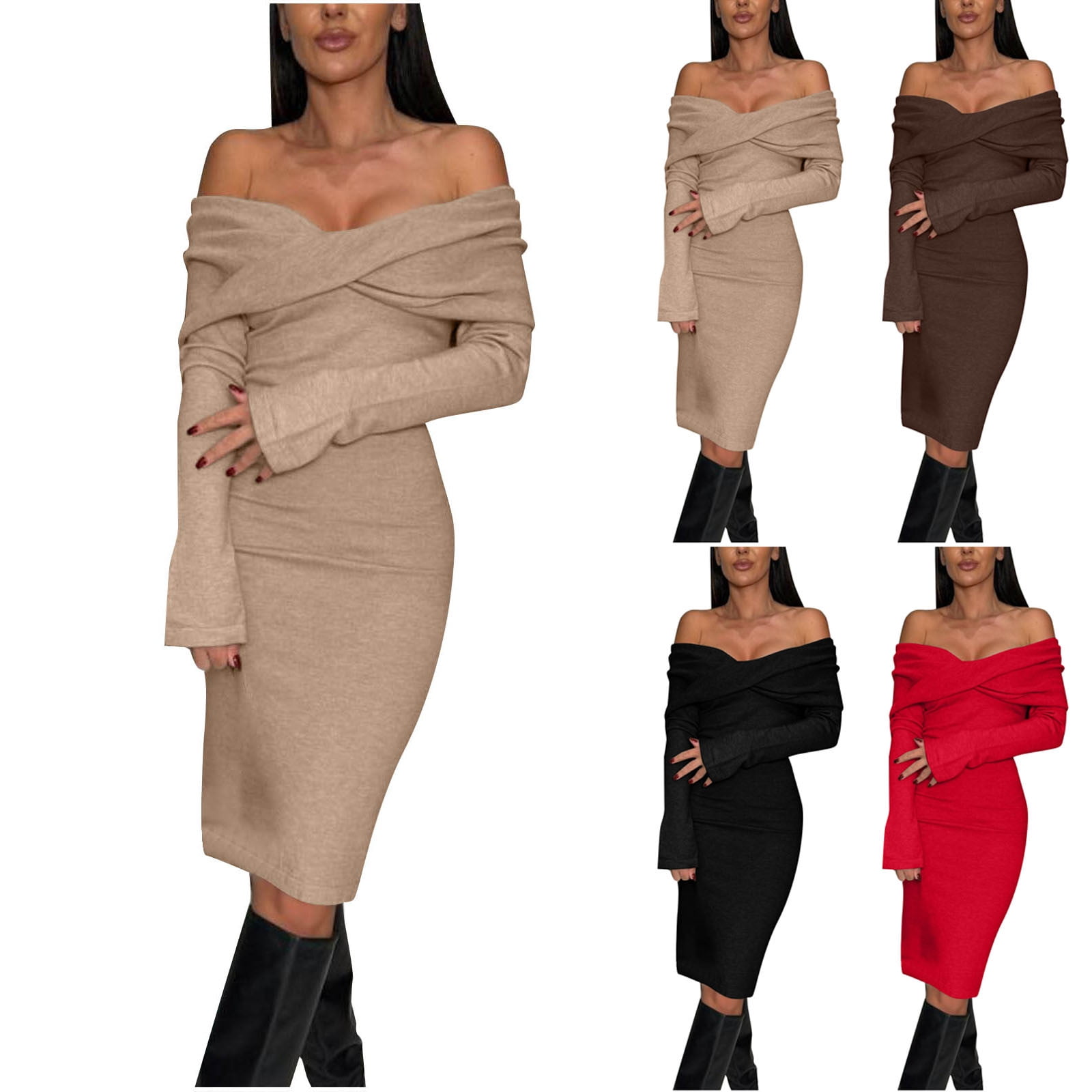 Antinious Elegant Dresses for Women Solid Color Long Sleeve Off ...