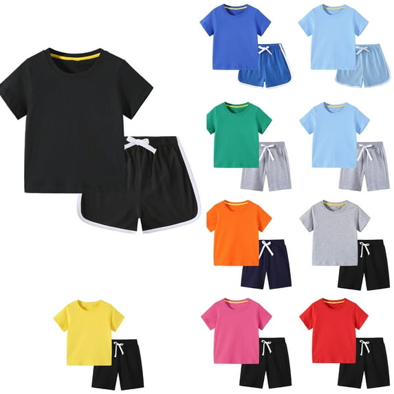 Antinious Toddler Casual Fashion Outfit Set Pajamas Set Short Sleeve Solid Color Top Shorts Home ...