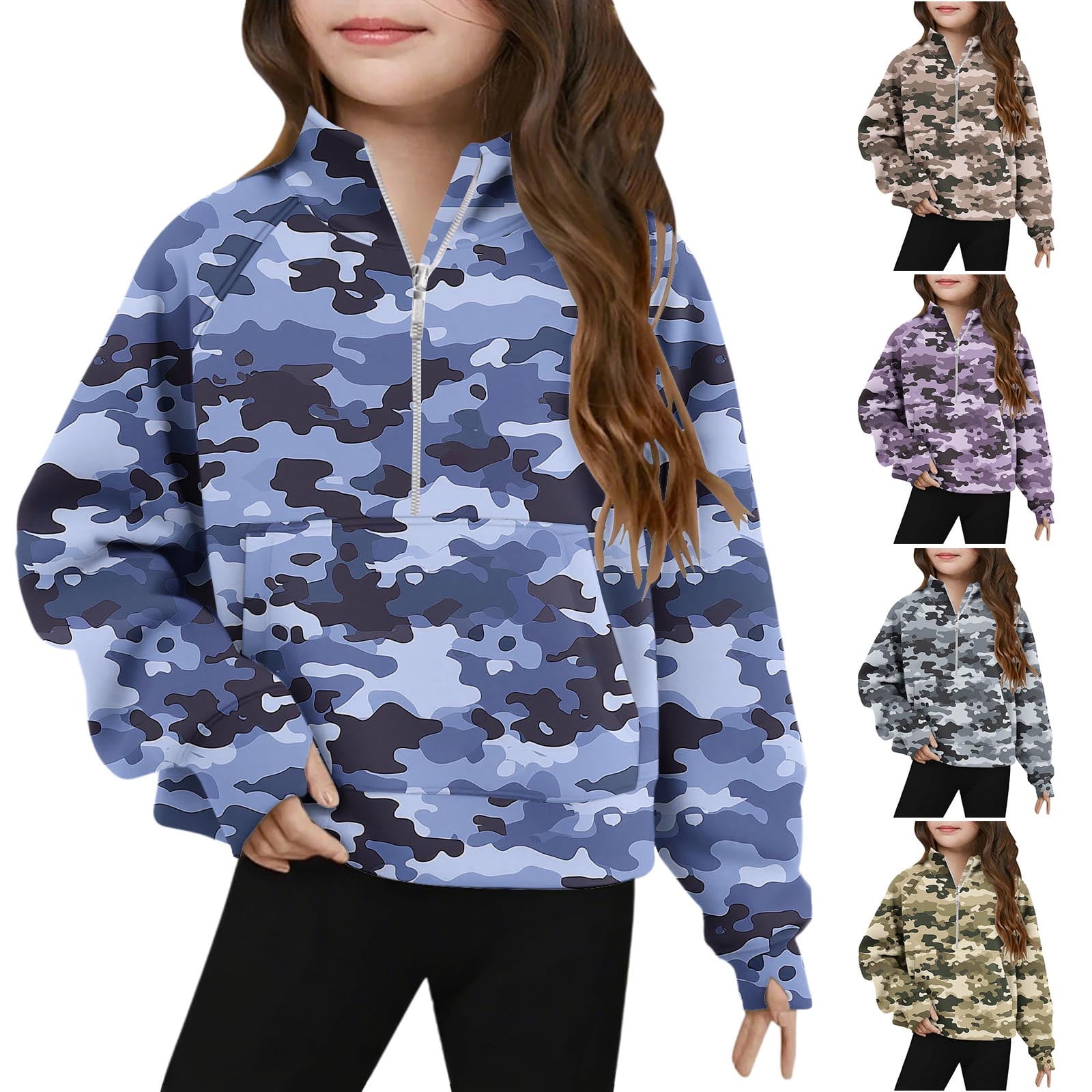 Antinious Girls Camouflage Print Stand Collar Half Zip Thumb Hole ...