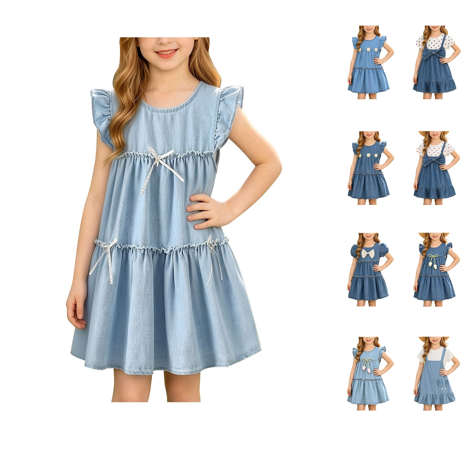 Antinious Girls Denim Floral Ruffle Short Sleeve Versatile Breathable ...