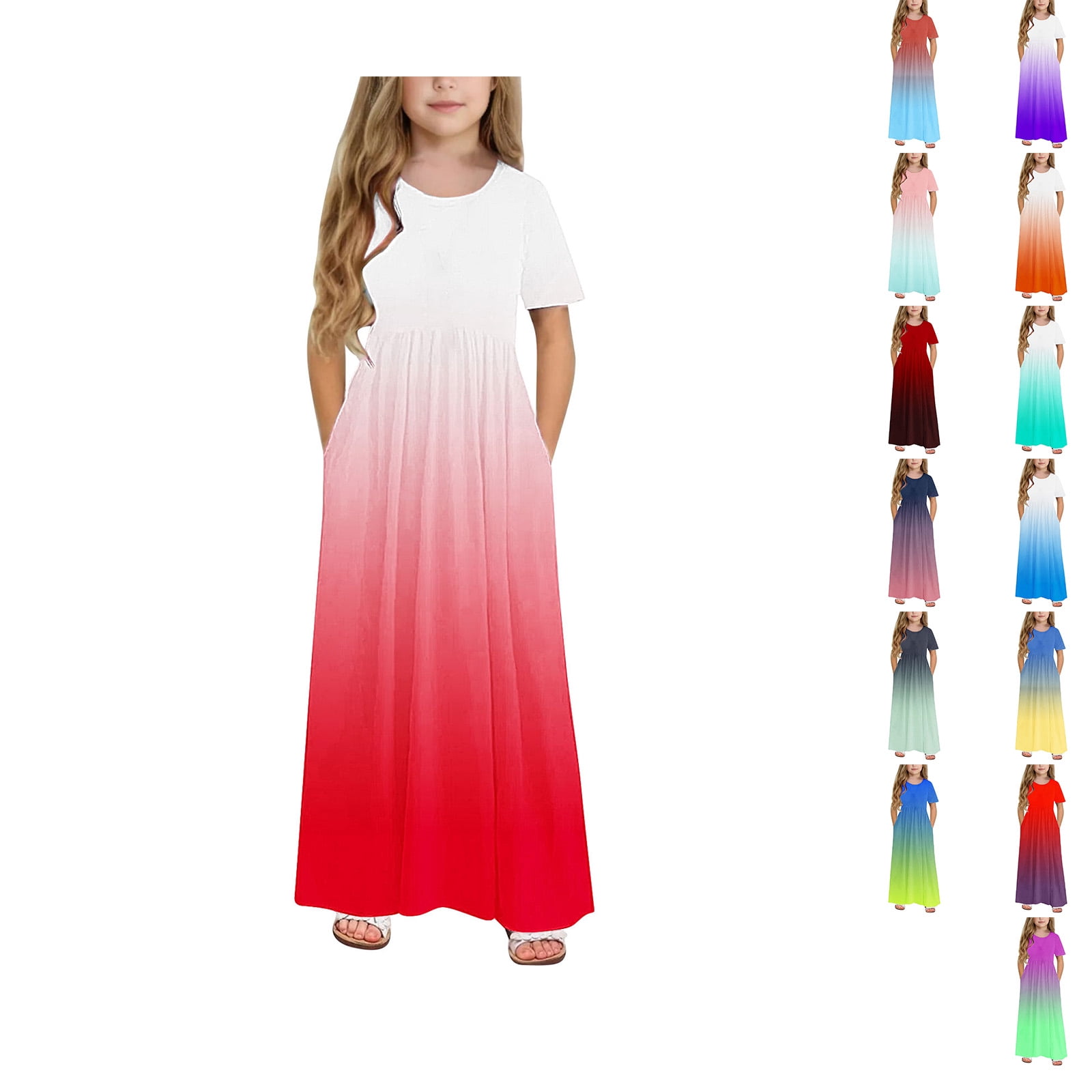 Antinious Girls Gradient Short Sleeve Pocket Pleated Versatile Long ...
