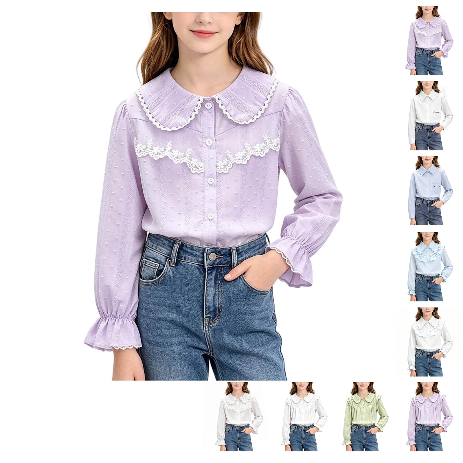 Antinious Girls Long Sleeve Collar Round Collar Lace School Uniform ...