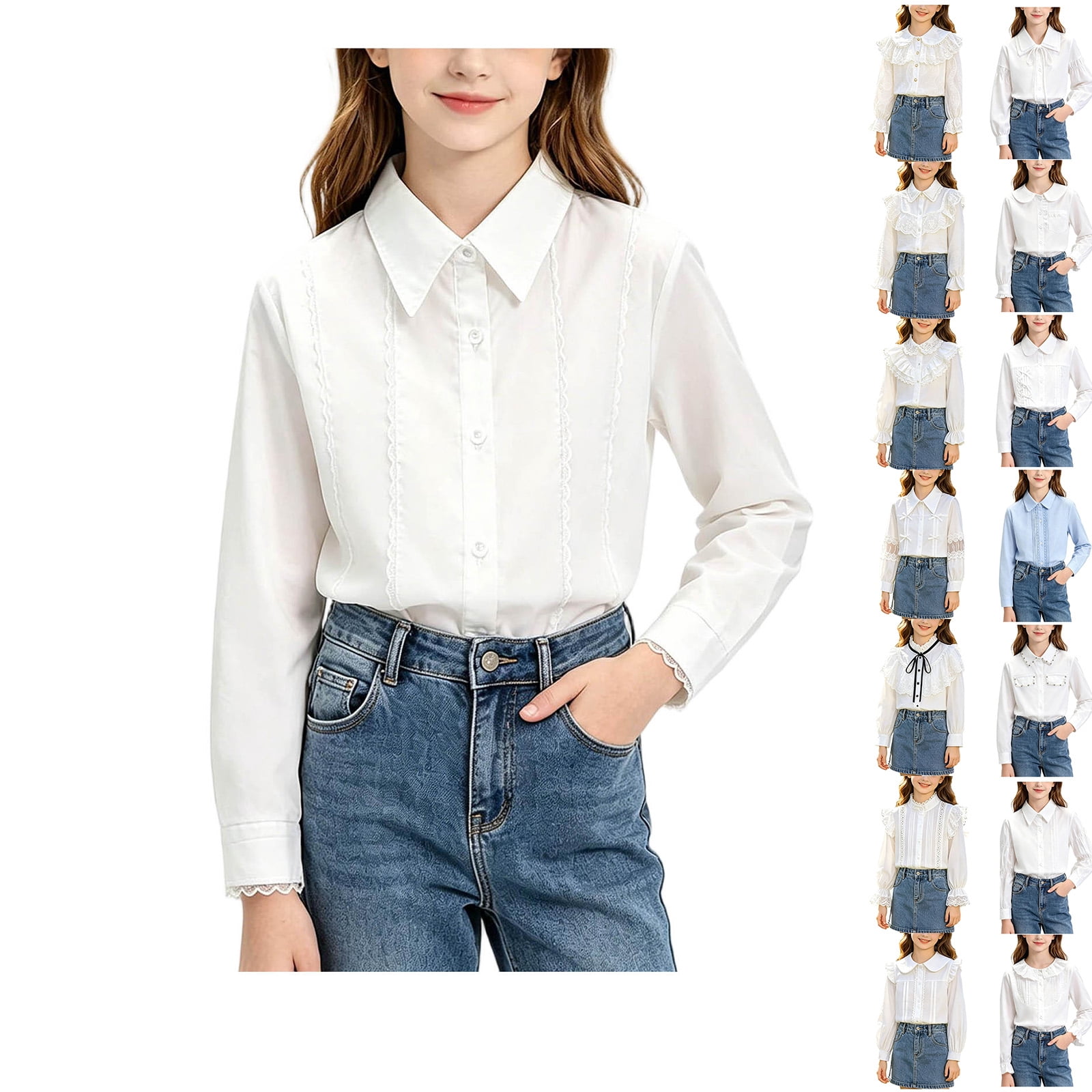 Antinious Girls Long Sleeve Collar Solid Print Bow Versatile Casual ...