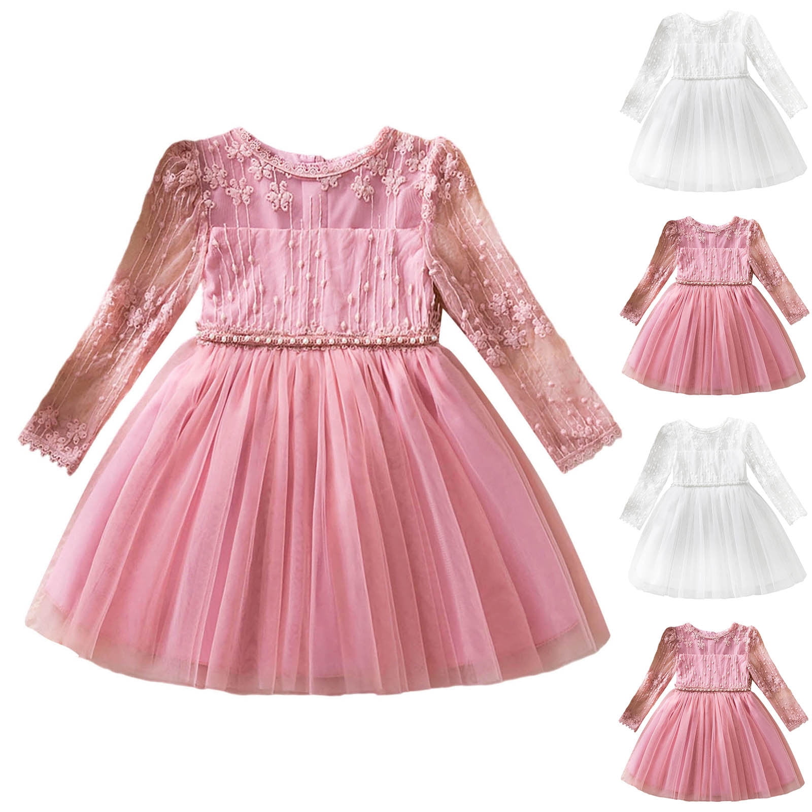 Antinious Girls Long Sleeve Round Neck Pearl Mesh Elegant Princess ...