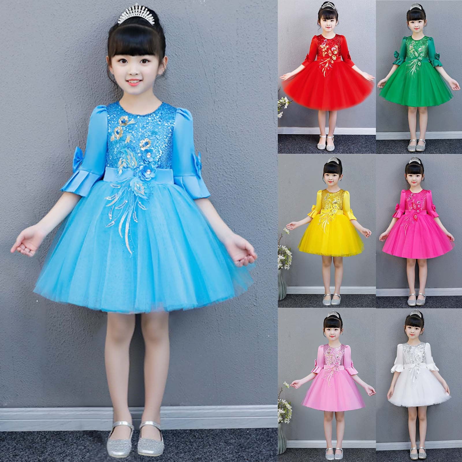 Antinious Girls Mid Sleeve Round Neck Sequins Mesh Stage Dresses ...