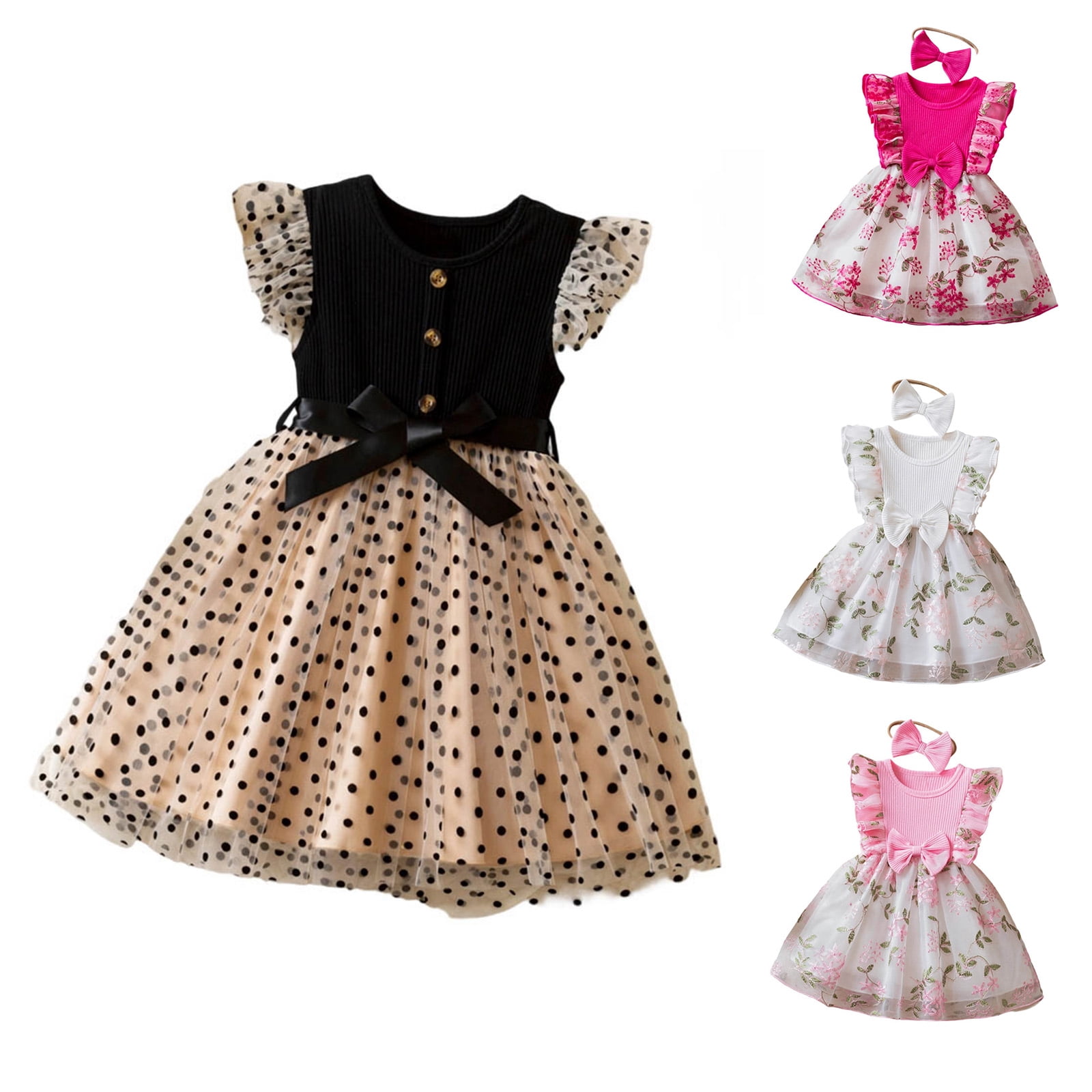 Antinious Girls Print Round Neck Sleeveless Mesh Bow Elegant ...