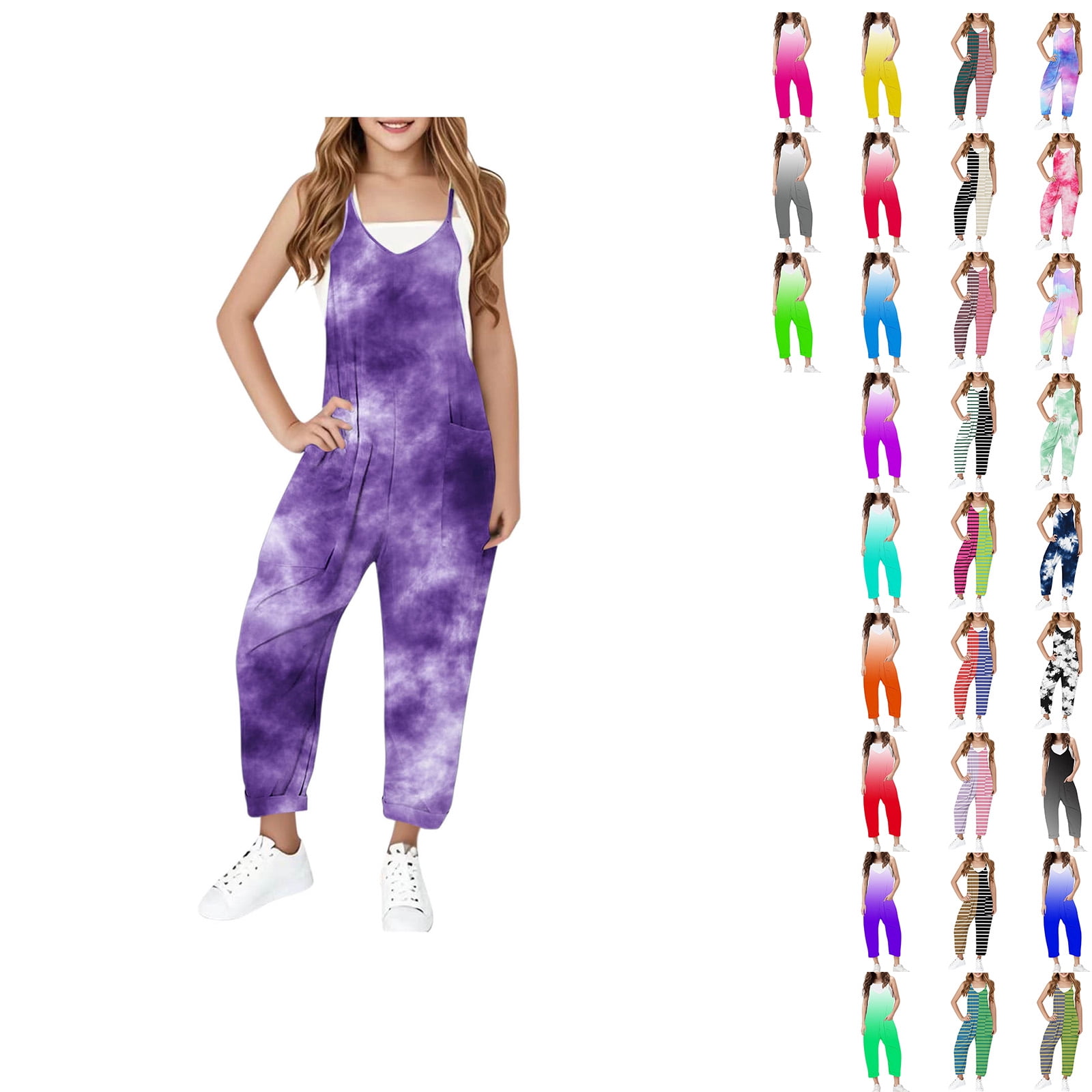 Antinious Girls Print Sleeveless Jumpsuit Loose Soft with Pockets ...