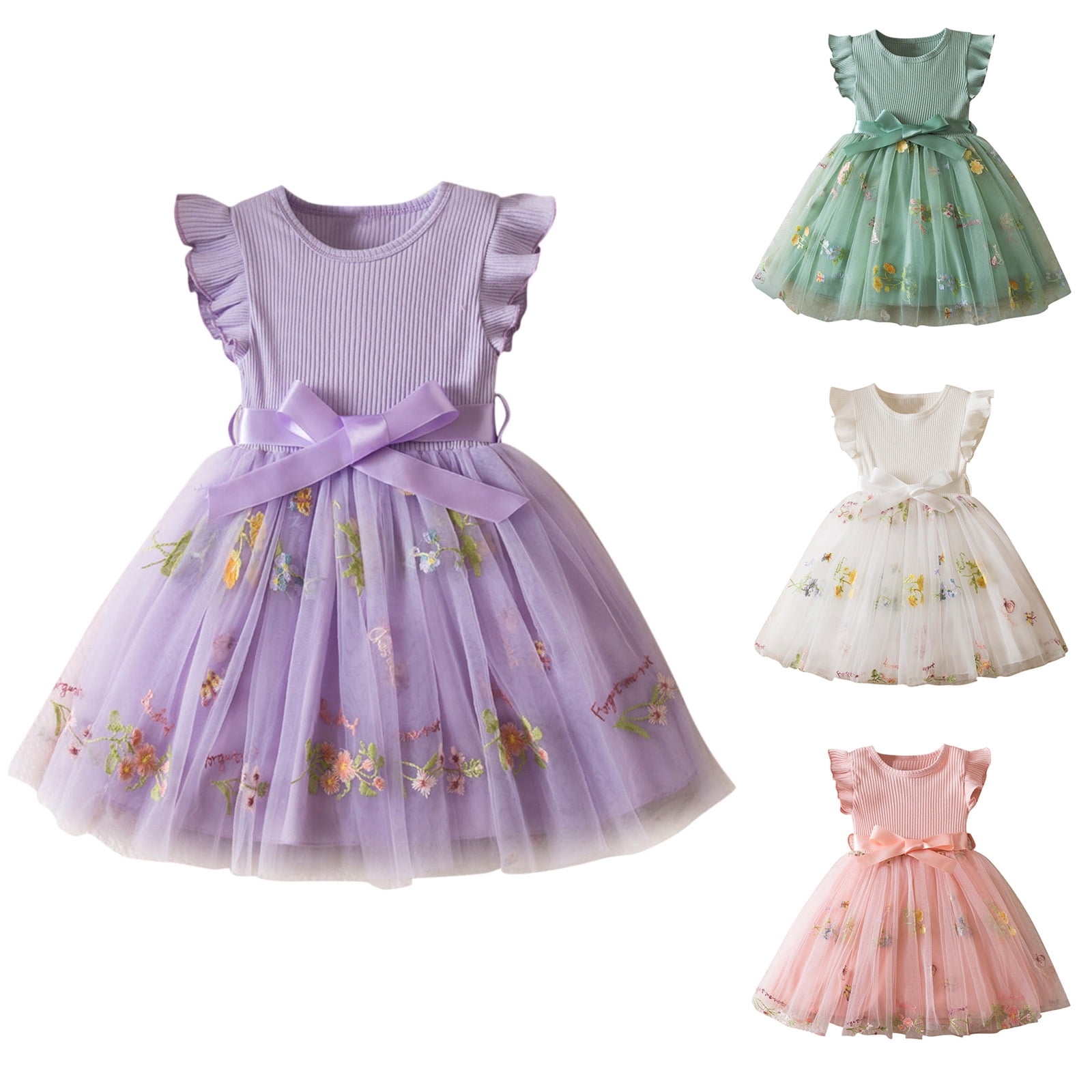 Antinious Girls Short Sleeve Round Neck Ruffle Embroidery Elastic ...