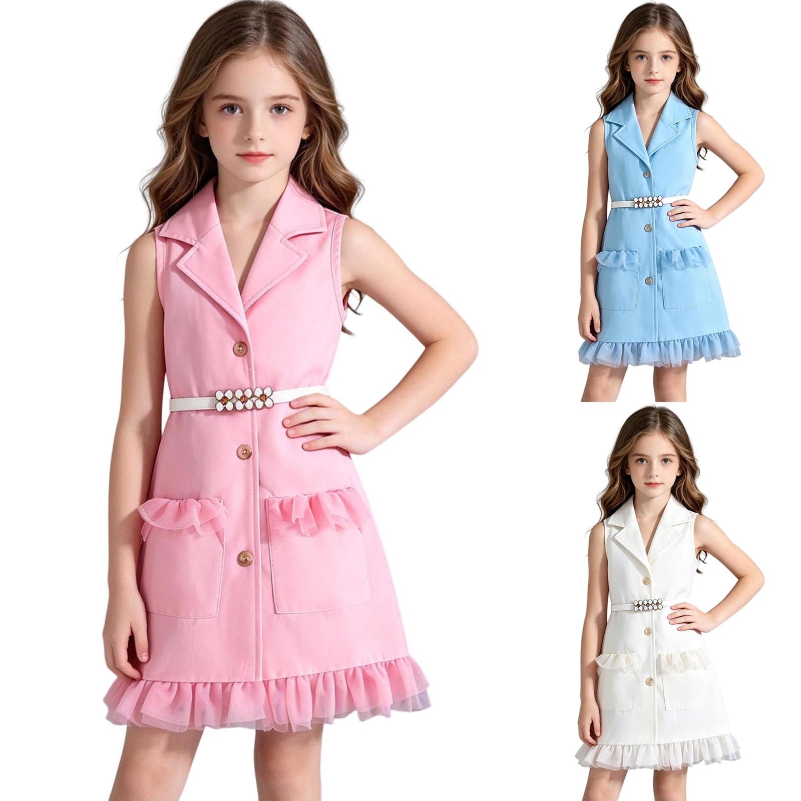 Antinious Girls Sleeveless Collared Pearl Belt Formal Casual Dresses ...