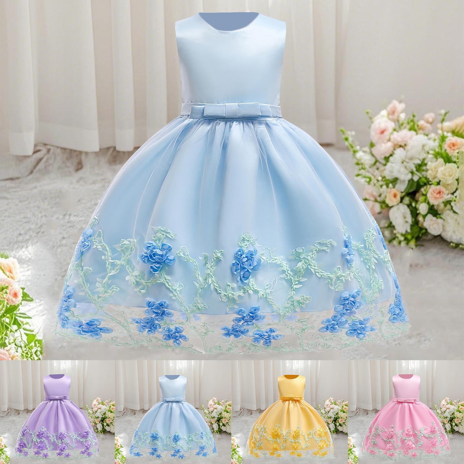 Antinious Girls Sleeveless Round Neck Mesh Back Bow Birthday Dresses ...