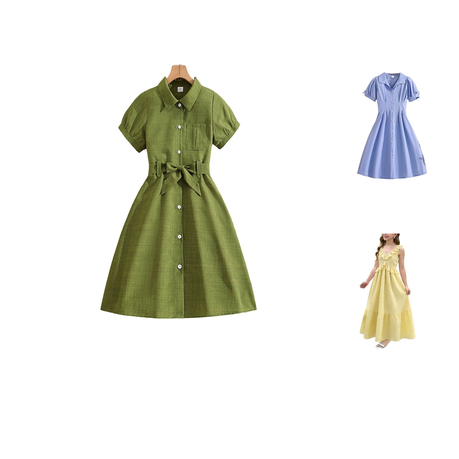 Antinious Girls Solid Collared Short Sleeve Pleated Waist A-Line ...