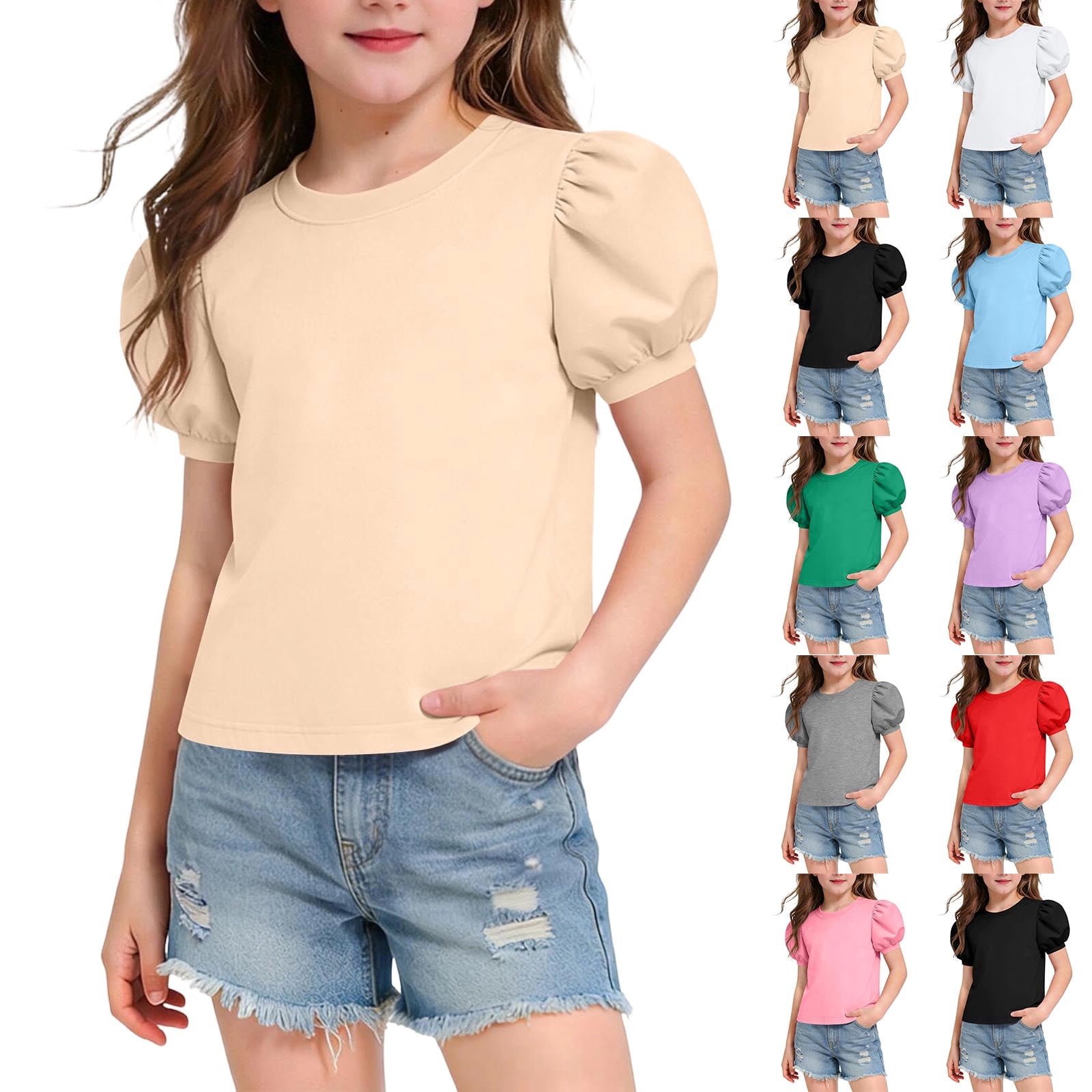 Antinious Girls Solid Short Sleeve Puff Sleeve Casual Round Neck ...
