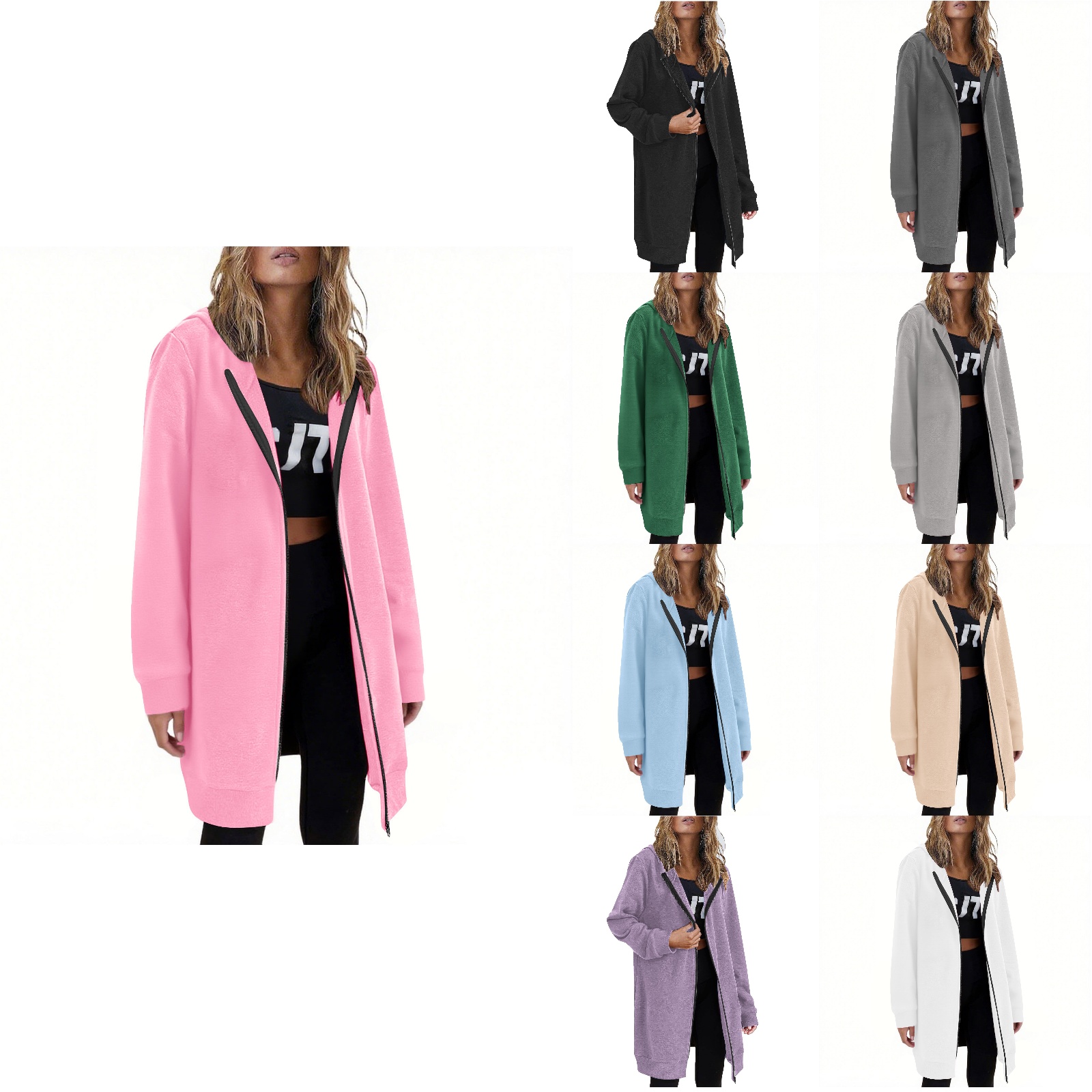 Antinious Hooded Zipper Jacket Women Solid Color Long Sleeve Mid Length ...