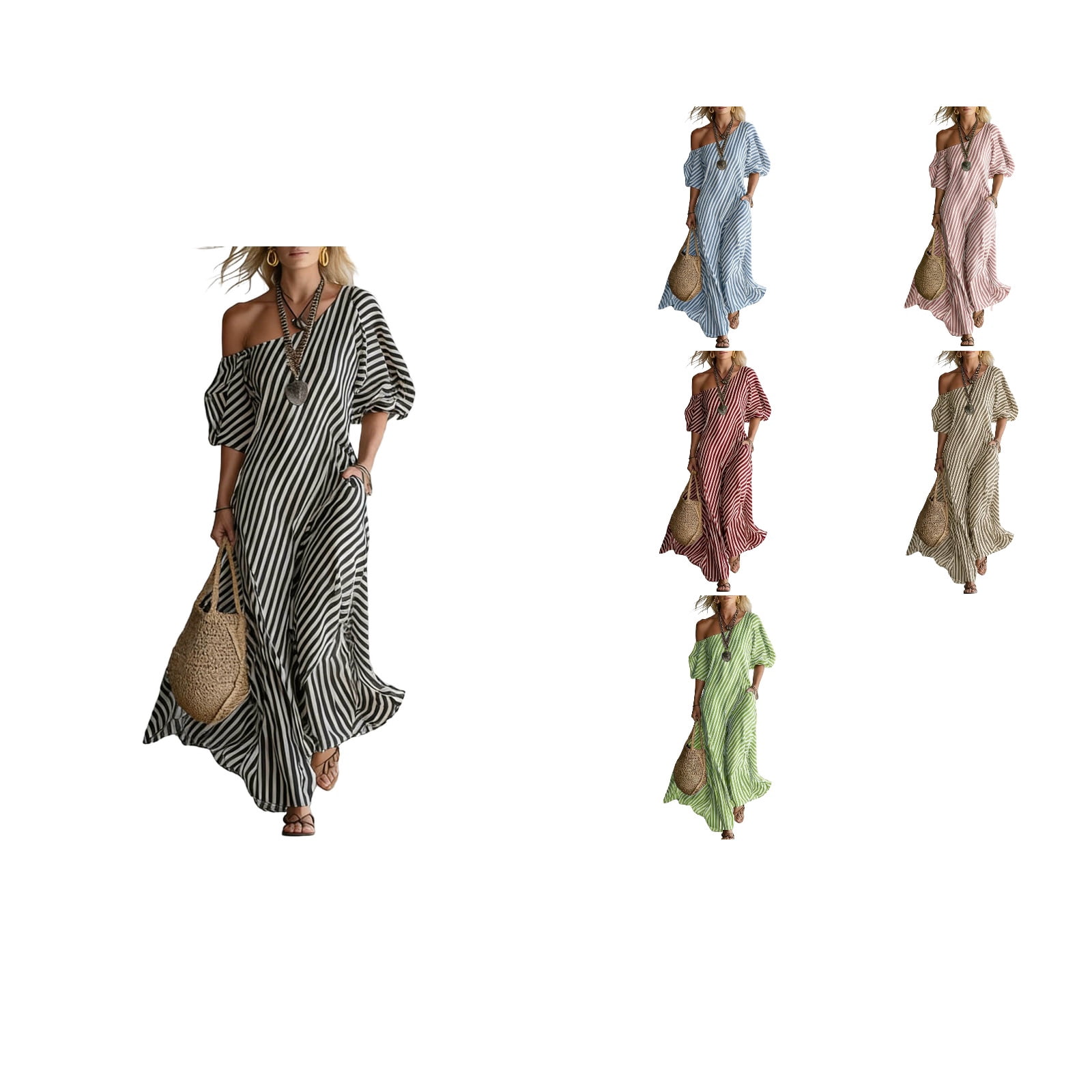 Antinious Ladies Asymmetrical Off Shoulder Puff Sleeve Stripe Loose ...