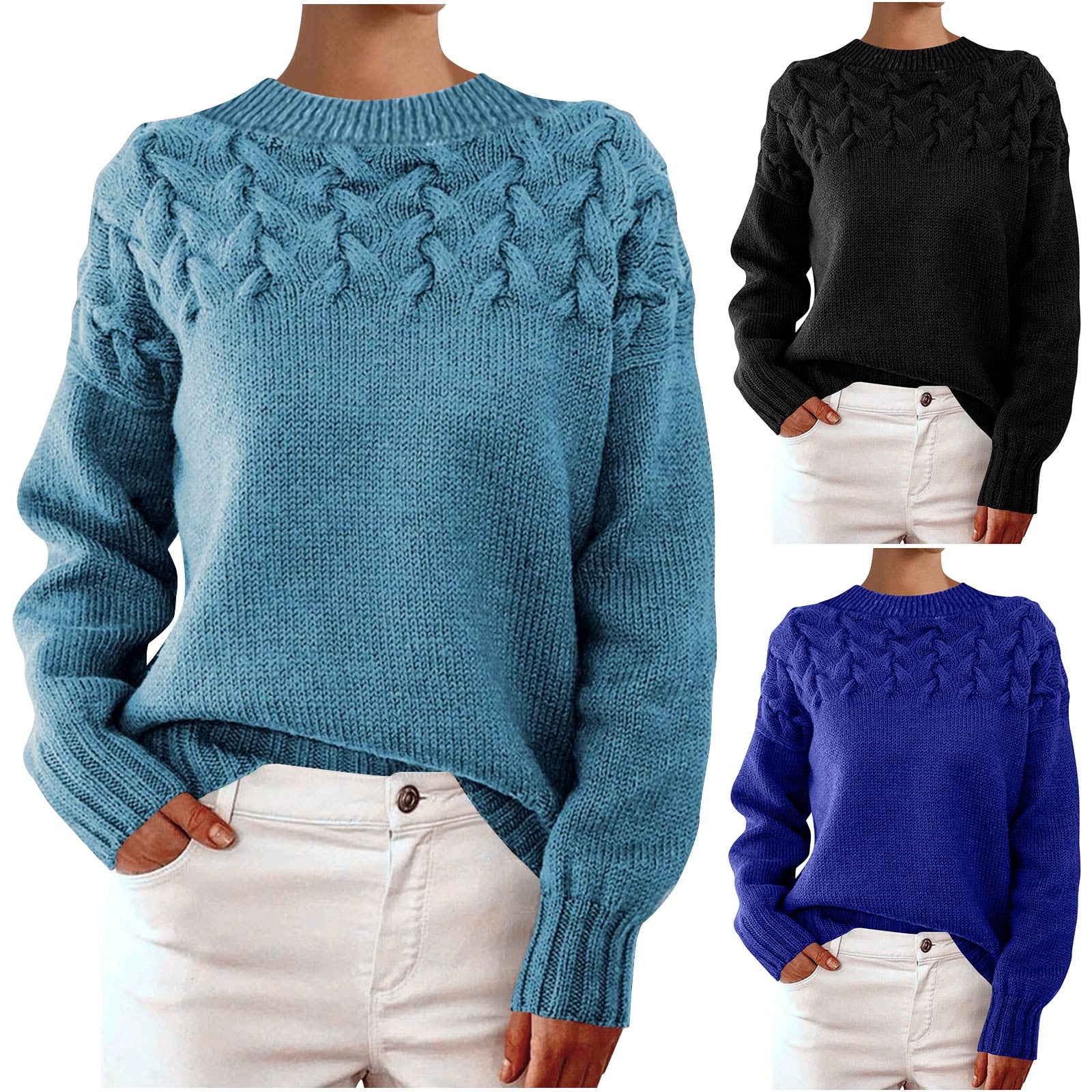 Antinious Ladies Cable Knit Detail Round Neck Long Sleeve Sweaters ...